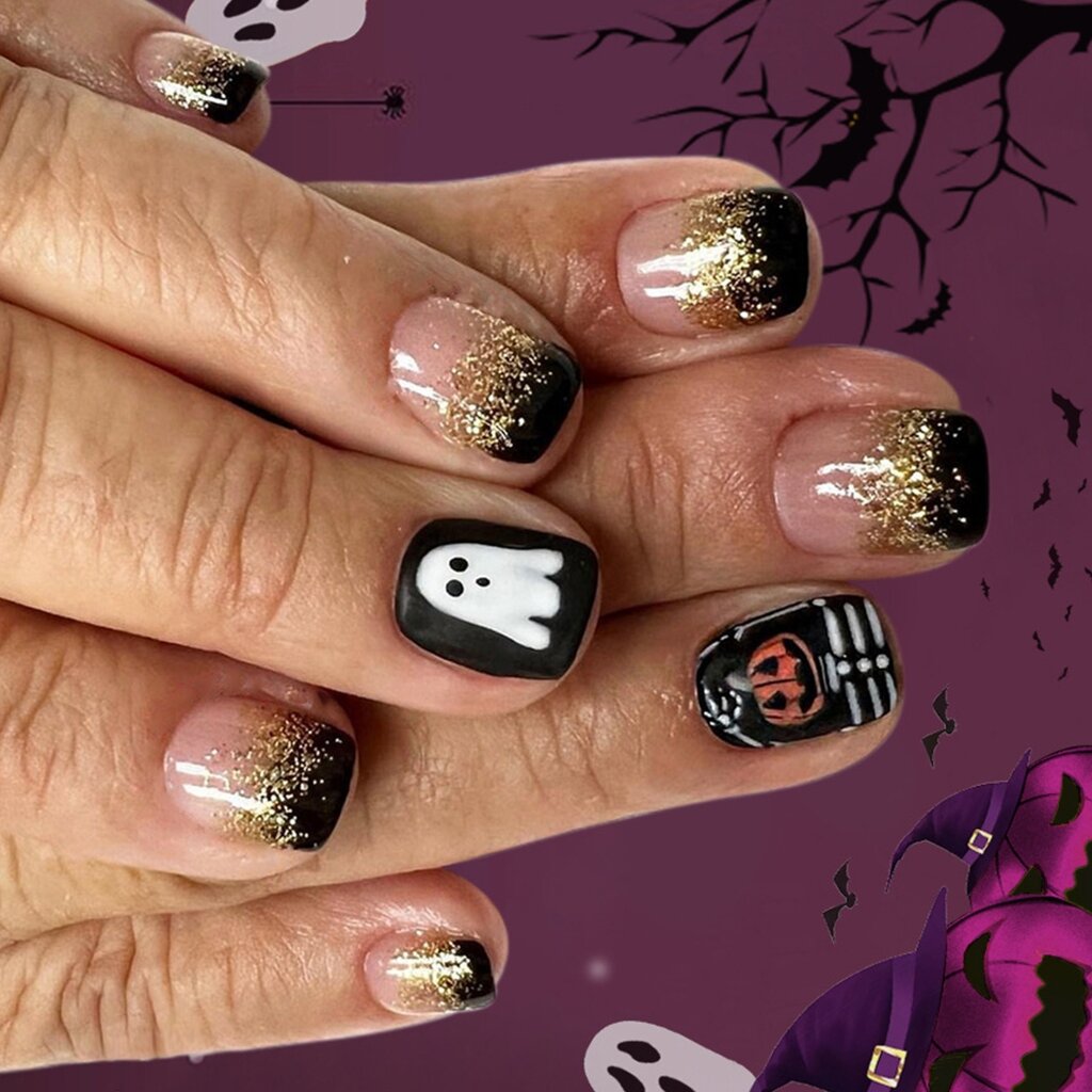 Черные Блестящие Искусственные ногти, Пластиковые Многоразовые наклейки для дизайна ногтей на Хэллоуин