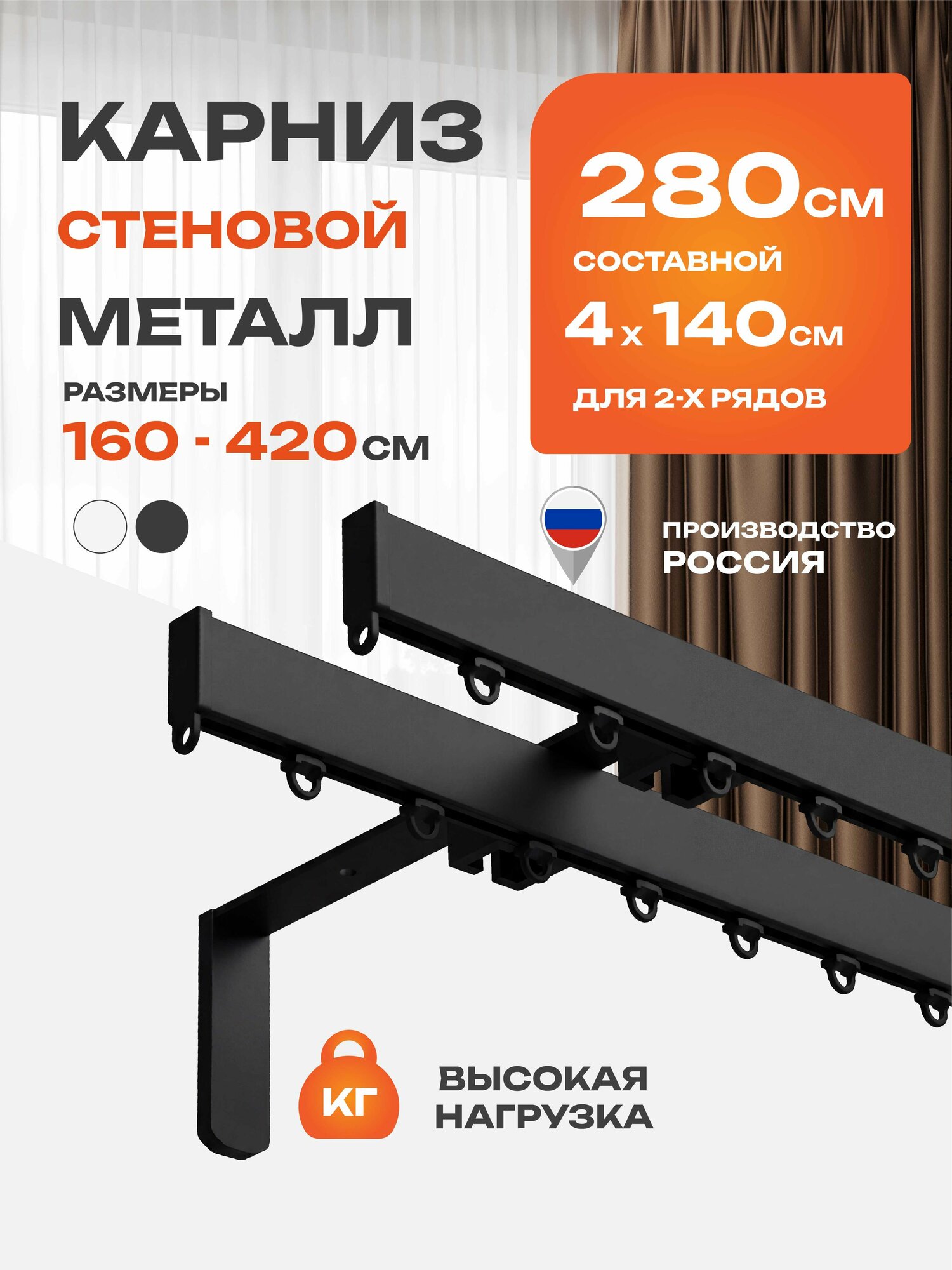 Карниз для штор двухрядный настенный 280 см металлический профильный составной черный, гардина для штор