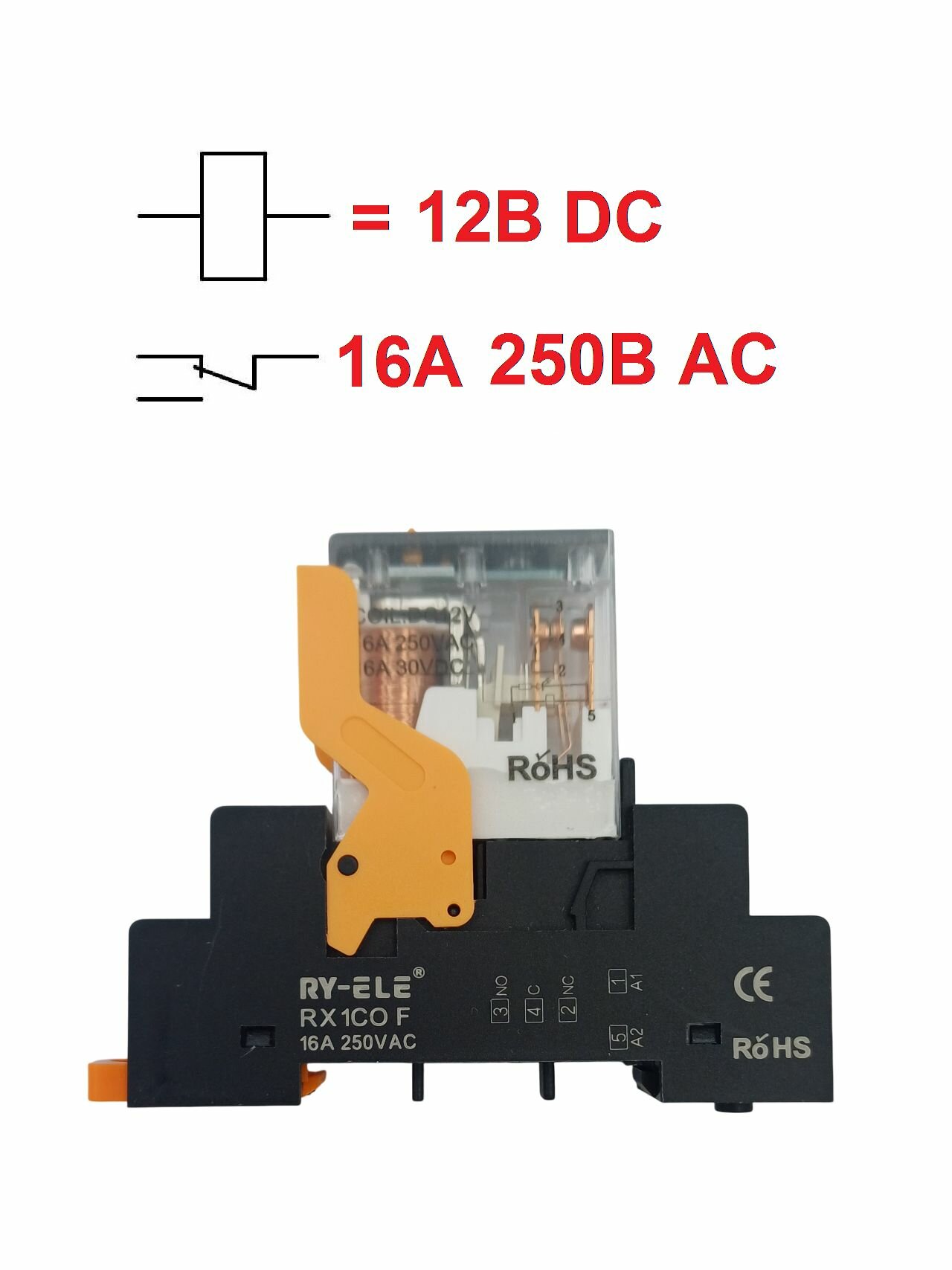 Промежуточное реле RY-ELE RX1CO-D12LT 12В 1 контакт 16А, с колодкой