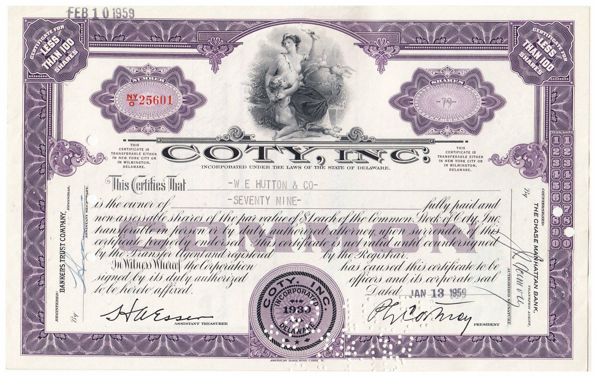 Акция США COTY INC , 1939- 1959 гг