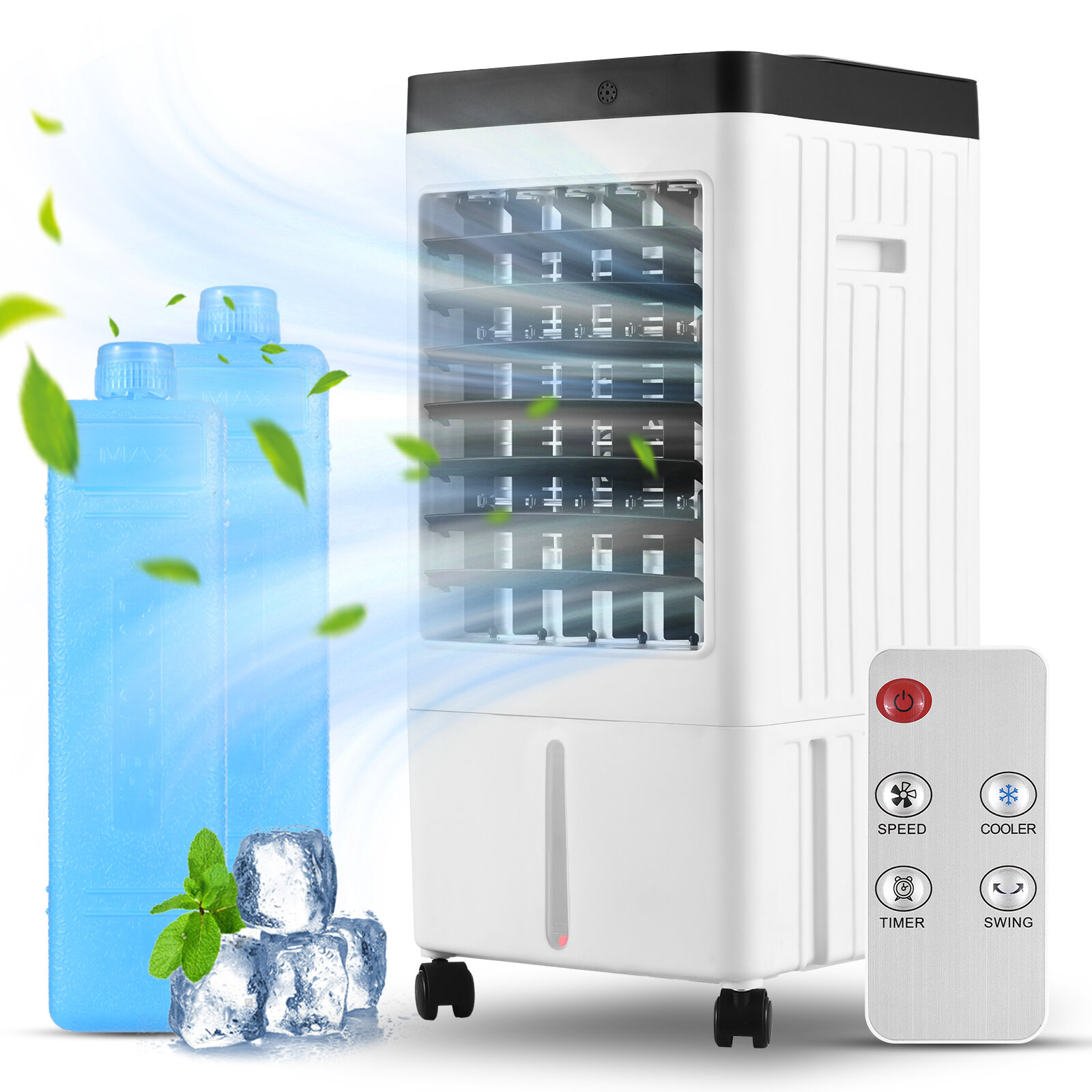 Испарительный охладитель воздуха с колебанием 100°, болотный охладитель с пультом дистанционного управления, 2 ящика для льда, бак для воды 2.11 галлон, таймер 1-7 ч, 3 скорости ветра, беслопастной вентилятор для охлаждения, увлажнитель для помещений,