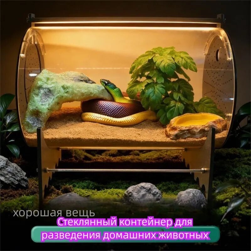 Террариум круглый стеклянный с подсветкой для рептилий и насекомых. Универсальный контейнер-вилла для змей, ящериц, пауков, богомолов, улиток и грызунов.25*15CM