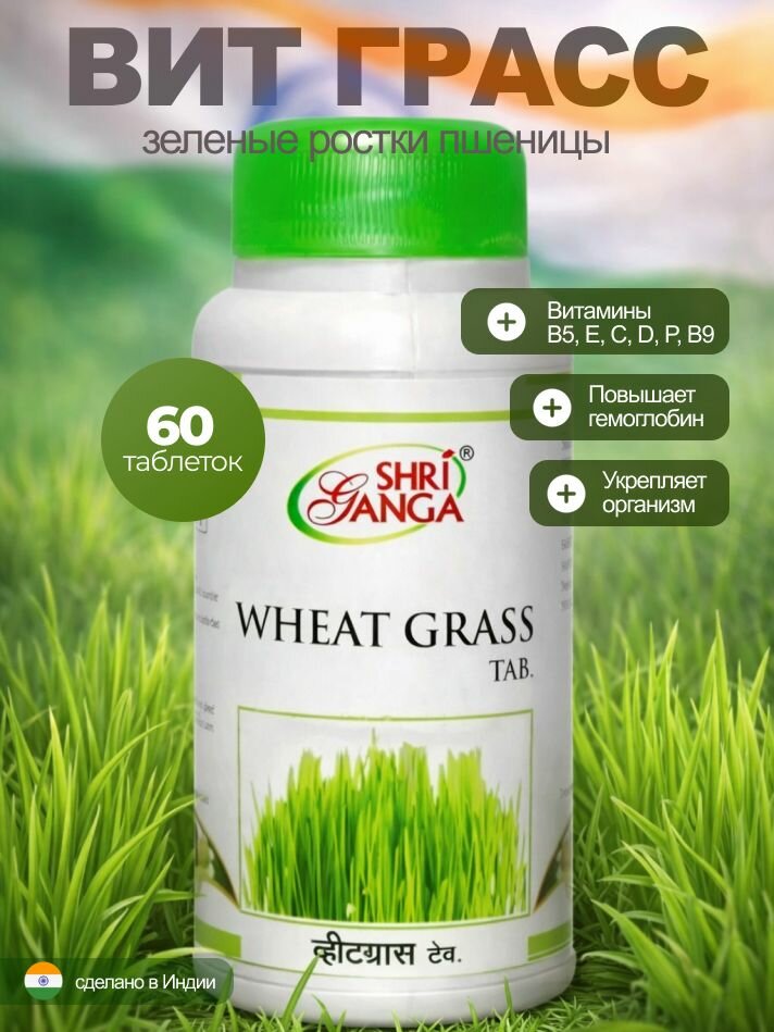 Препарат Shri Ganga "Wheat Grass", для иммунитета и ЖКТ, 60 таблеток