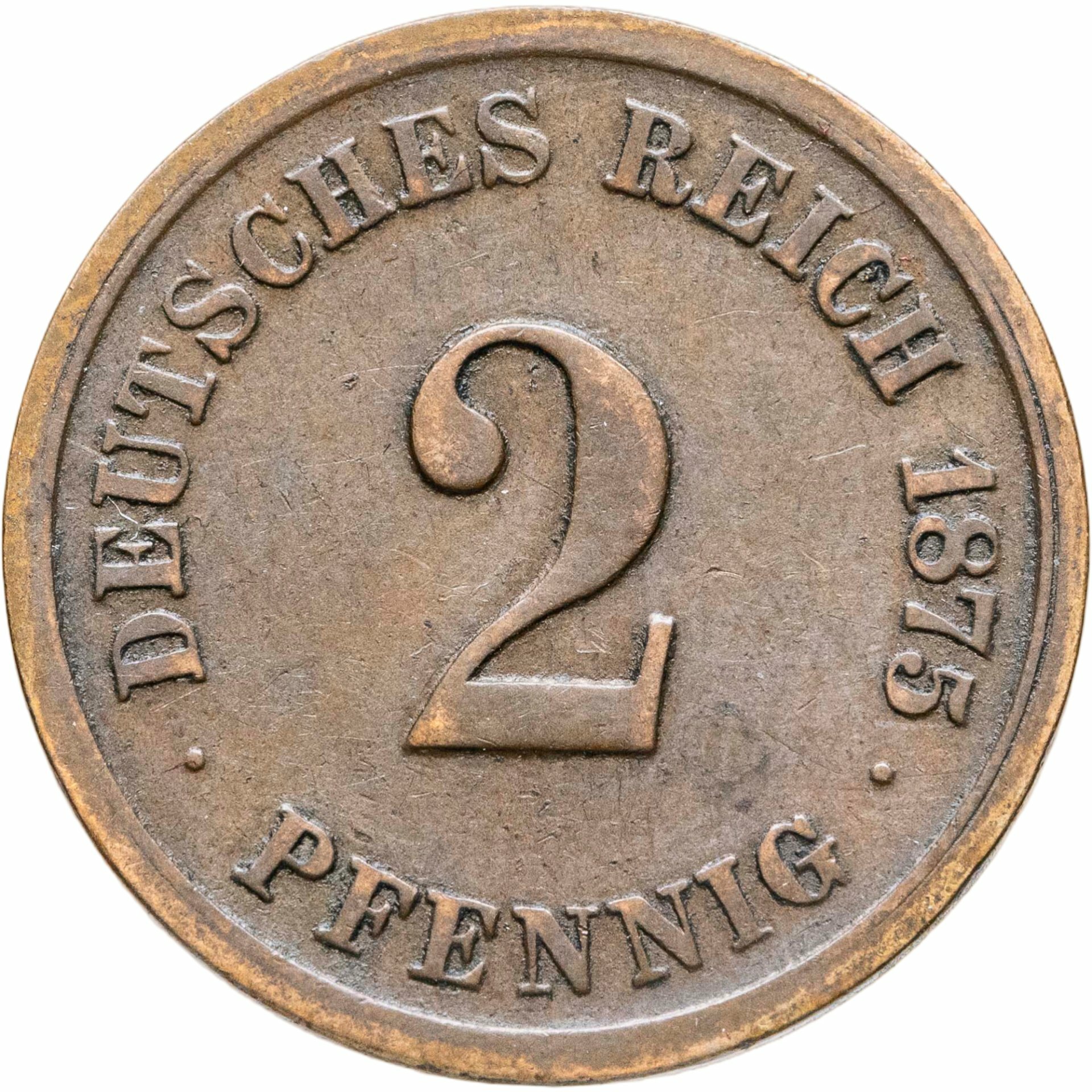 Германия 2 пфеннига pfennig 1875 G знак монетного двора: "G" - Карлсруэ, Медь, в сохранности VF