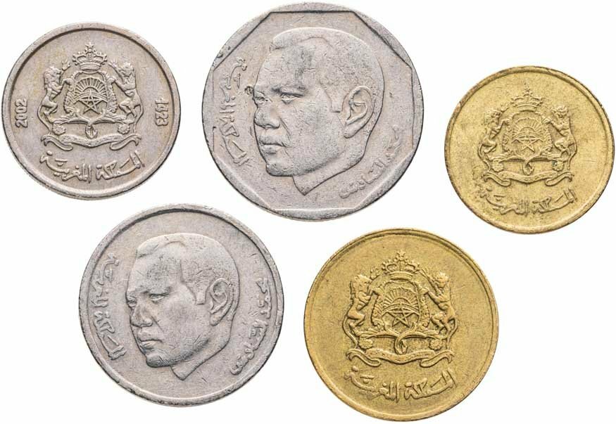 Марокко набор монет для обращения 2002 5 шт , Медь-Алюминий-Цинк-Олово, Мельхиор, в сохранности VF-XF
