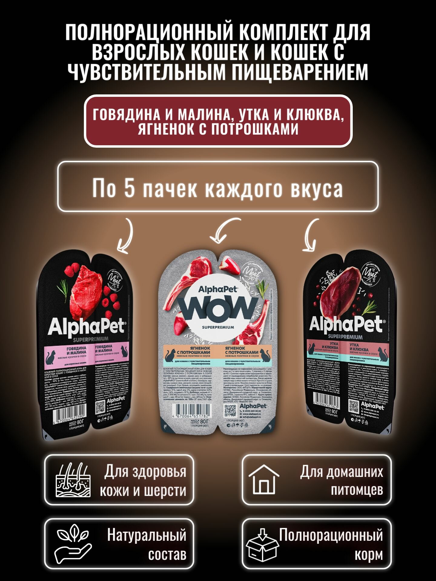 AlphaPet Superpremium / Комплект для взрослых кошек и котов и кошек с чувствительным пищеварением, 3 вкуса (Говядина, Утка, Ягнёнок), 15 шт
