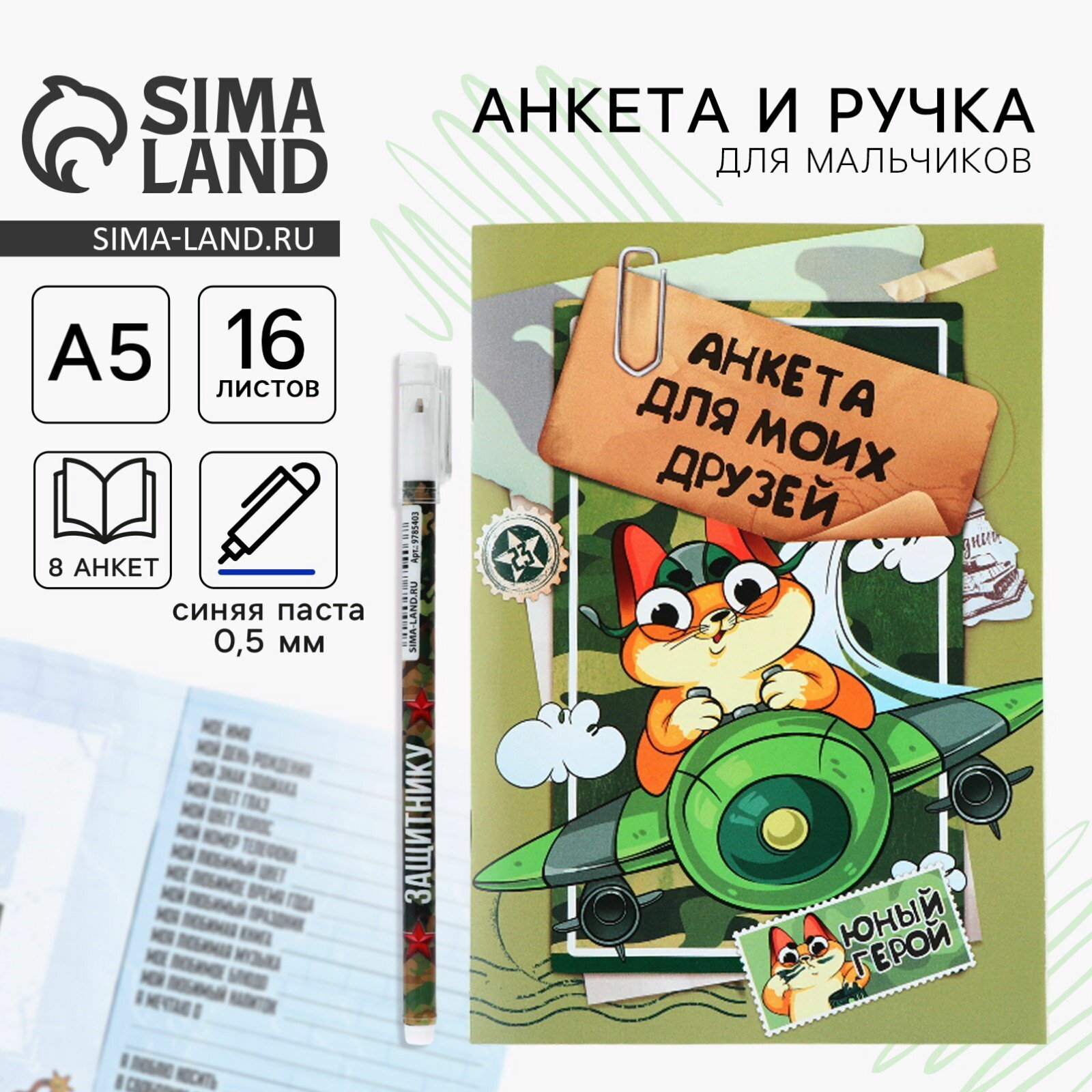 Анкета для мальчиков и ручка "23 февраля: Кот", адресат: без адресата