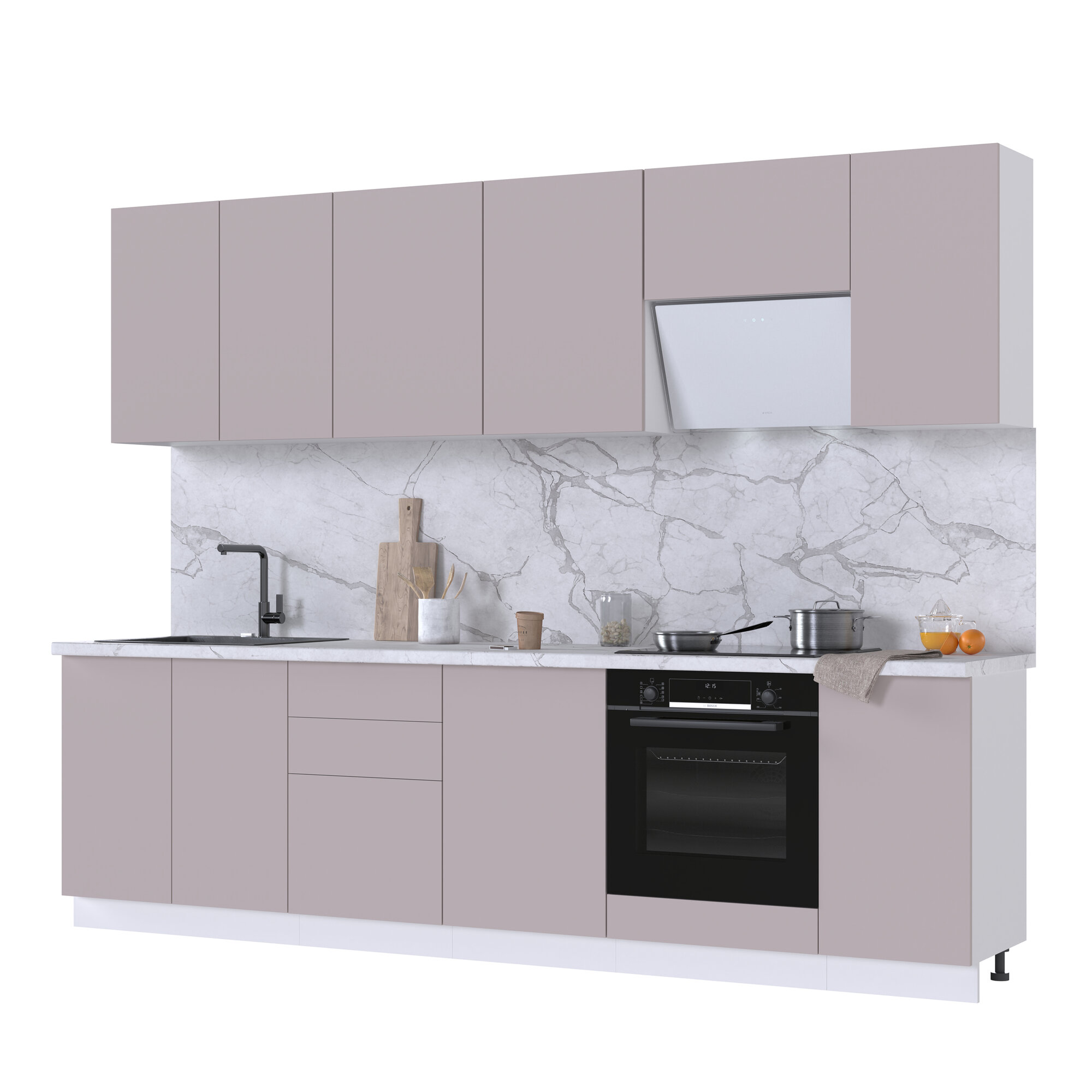 Кухонный гарнитур без столешницы Рельеф Инь 280см Белый, Атласный серый