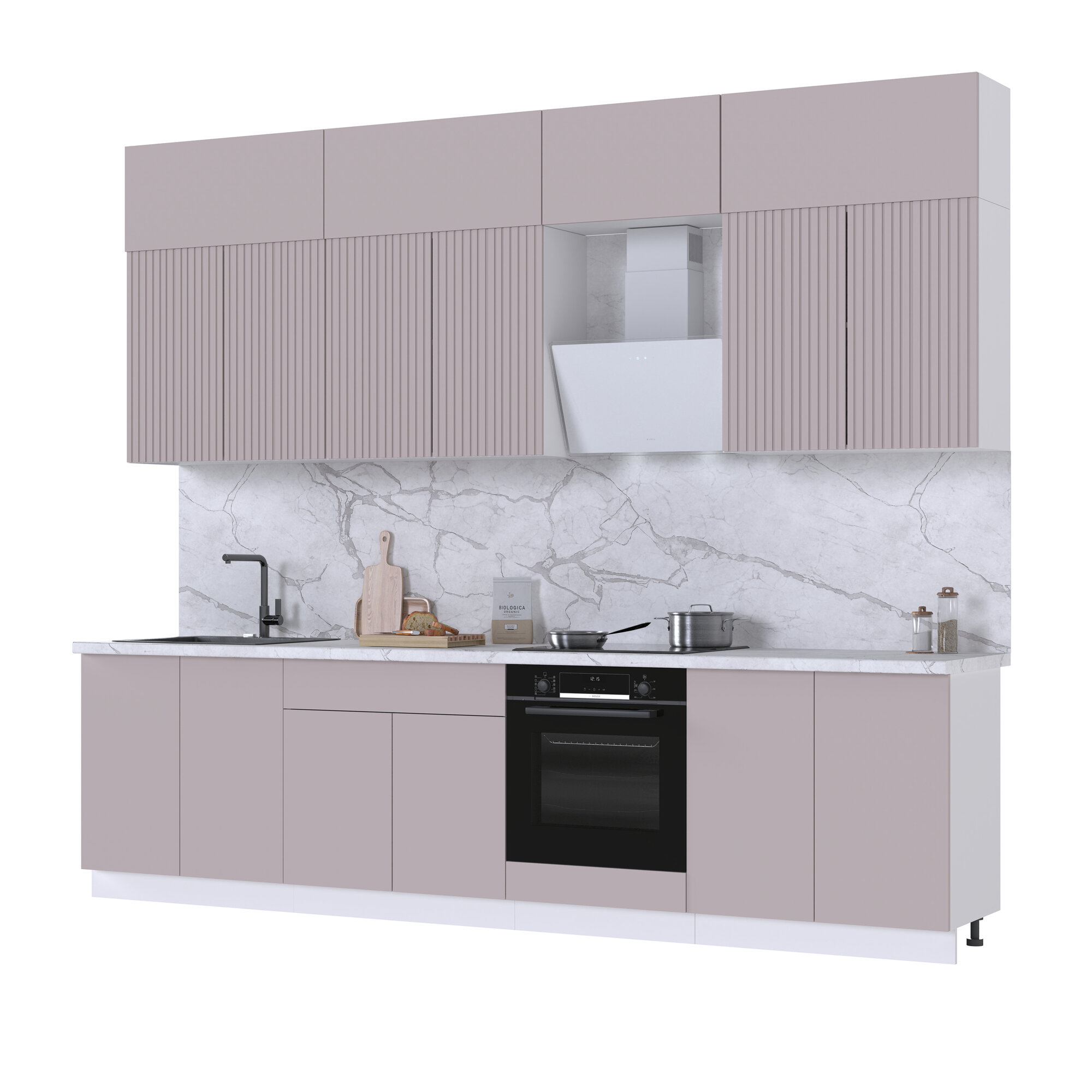 Кухонный гарнитур без столешницы Рельеф Инь-Ян 300см Белый, Атласный серый