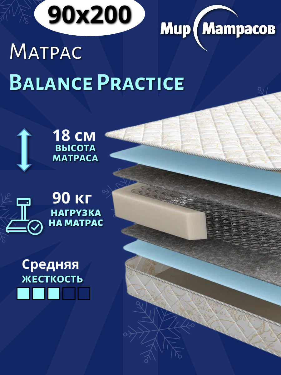 Матрас Balance Practice 90х200, пружинный, средней жёсткости, 18см