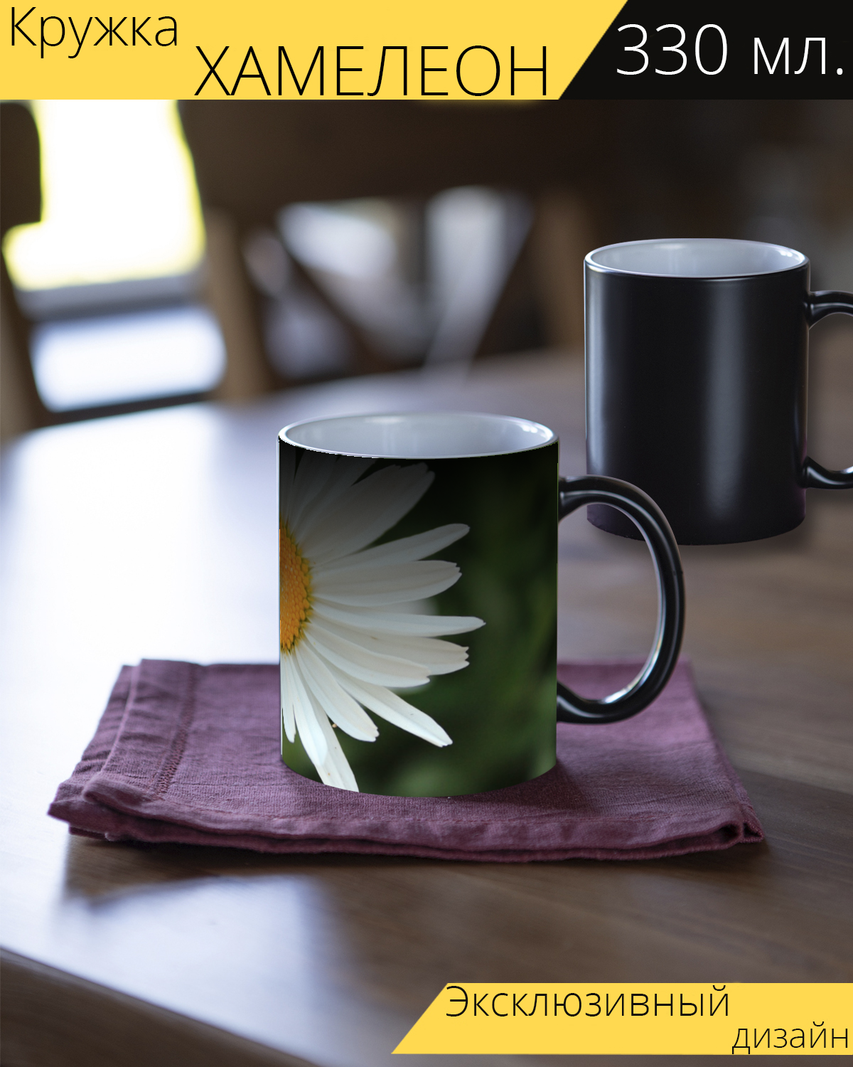 Кружка хамелеон с принтом "Дейзи, ромашка chamomilla, цветок" 330 мл.