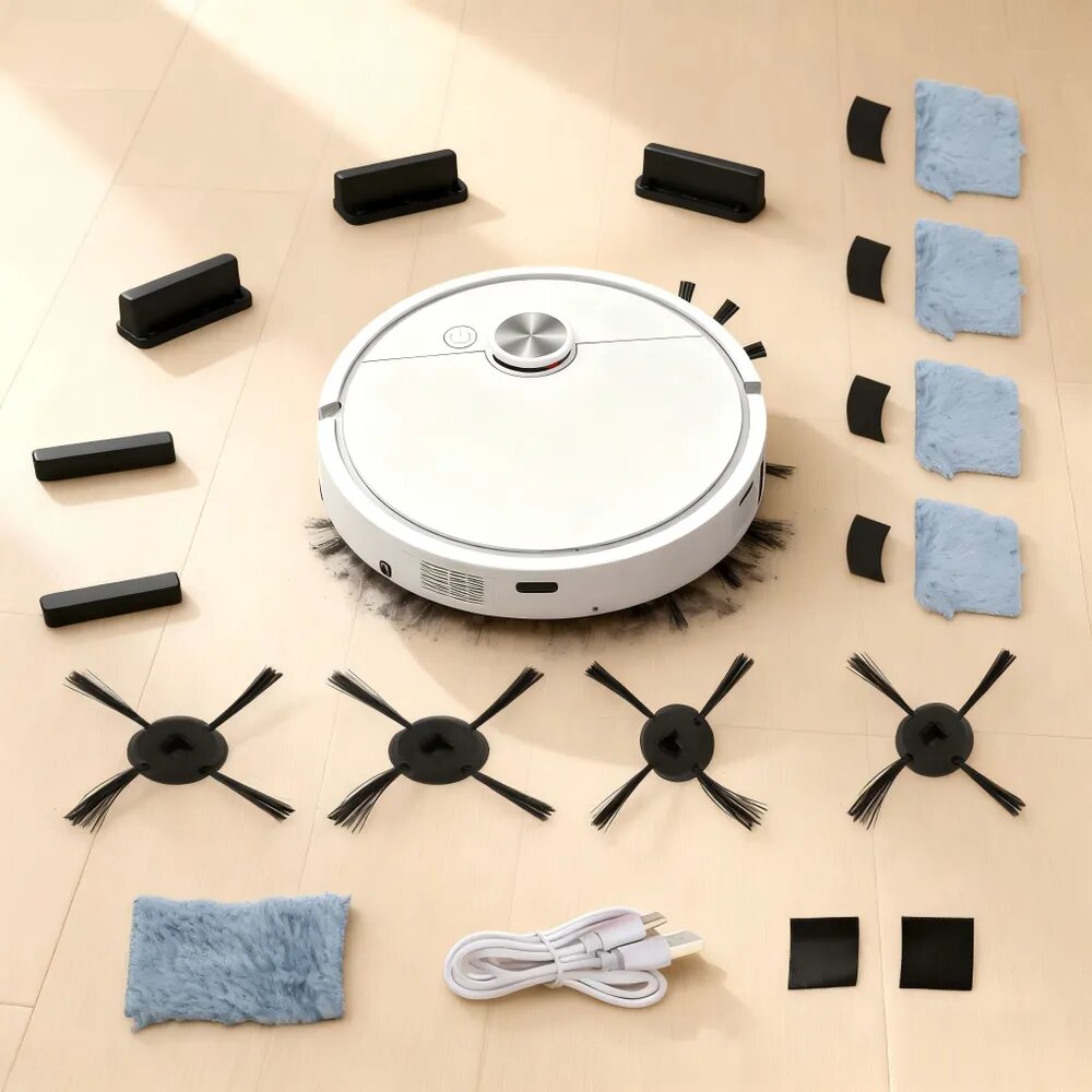 Белый робот-пылесос + 4 боковые щетки + 5 салфеток для влажной уборки