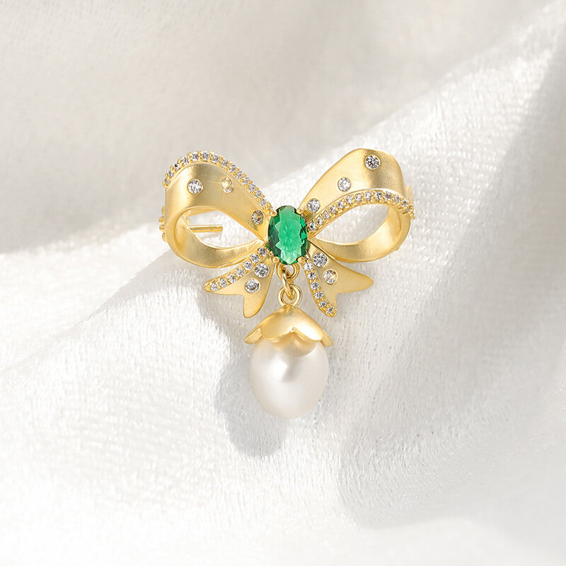 2026 Xiliang Конкубинская французская ретро брошь с бантом, матовое золото, дворцовый стиль, капля воды, пресноводный жемчуг, циркониевая брошь