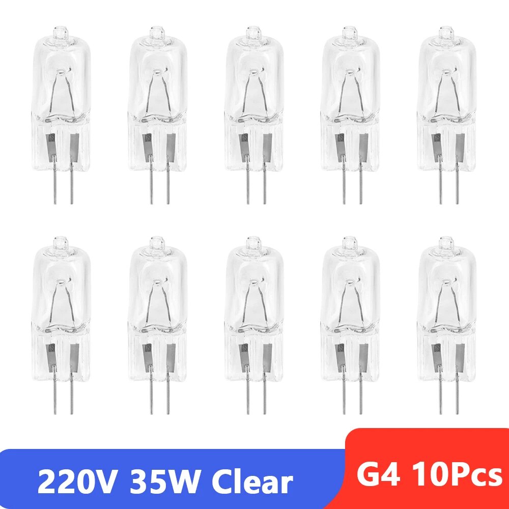 10 шт. лампа G4, 220 В, галогенные лампы, 2-контактные лампы с регулируемой яркостью, галогенные лампы с длительным сроком службы для освещения шкафа/трекового освещения