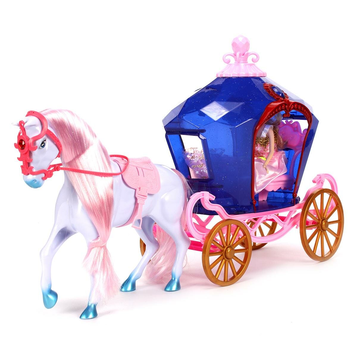 Игрушечная карета «Dream Carriage» с лошадью и куклой, розовая грива, синяя с прозрачными окнами, для сказочных игр