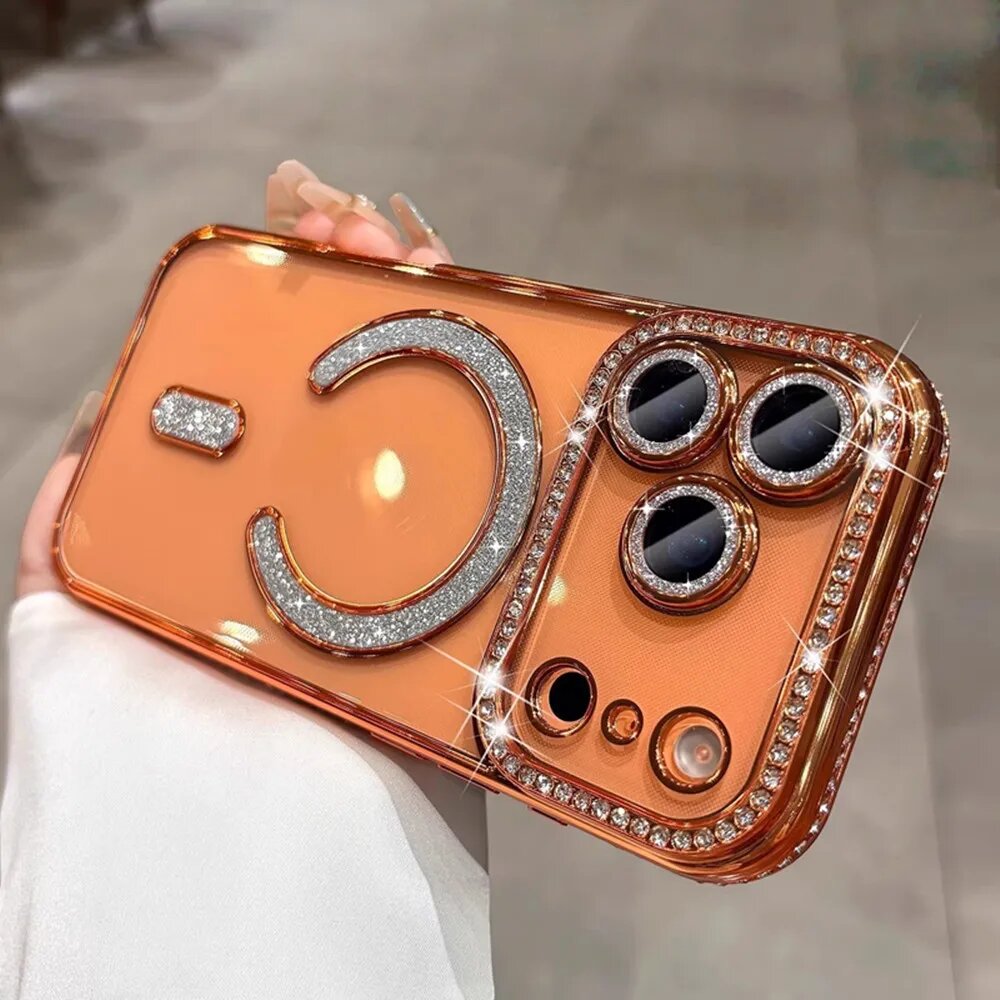 Магнитный чехол с блестками и бриллиантами для iPhone 17, Air 16, 15, 14 Plus, 13, 12, 11, 17 Pro Max, прозрачный чехол для беспроводной зарядки Magsafe