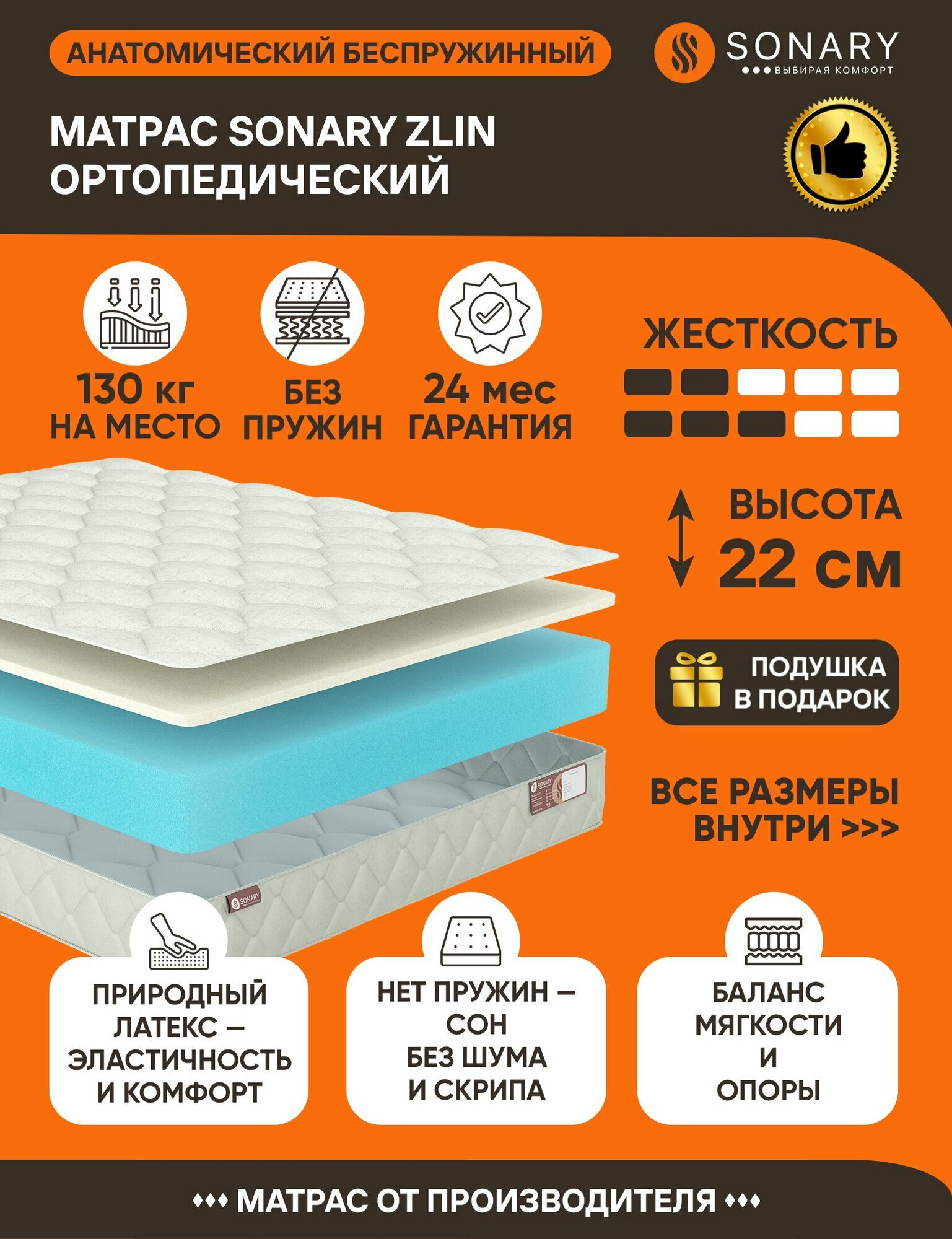 Матрас Sonary Zlin 80х210 серии Foam высота 22 см анатомический средней жесткости латексный Беспружинный