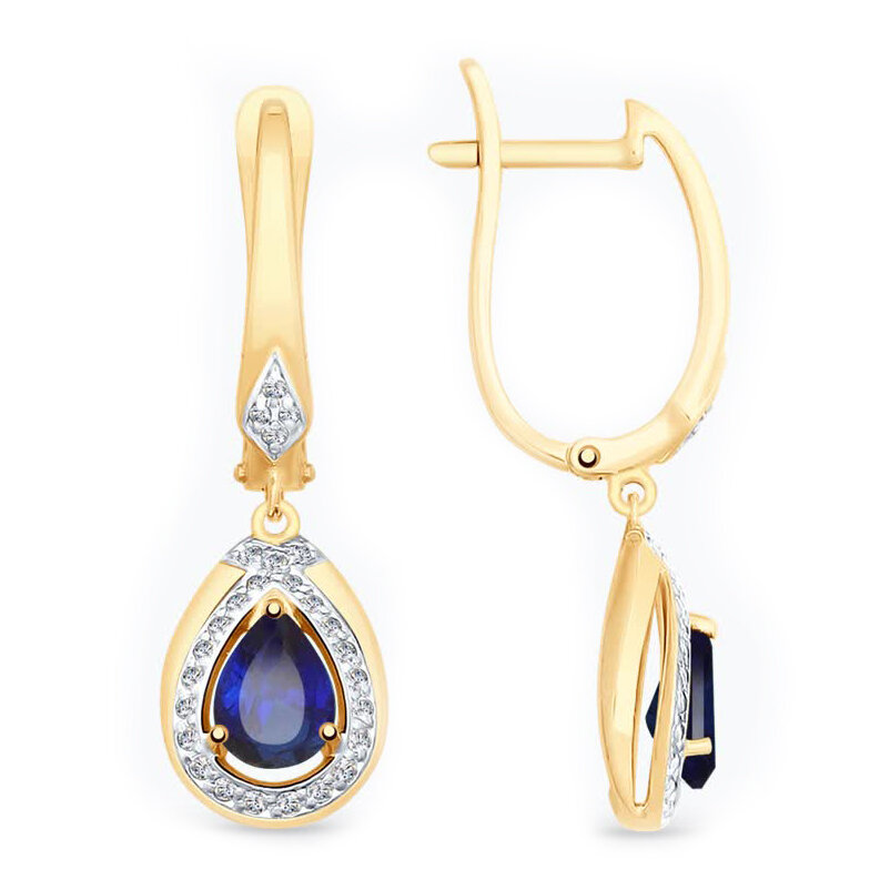 Серьги, золото, 585 проба, фианит, корунд