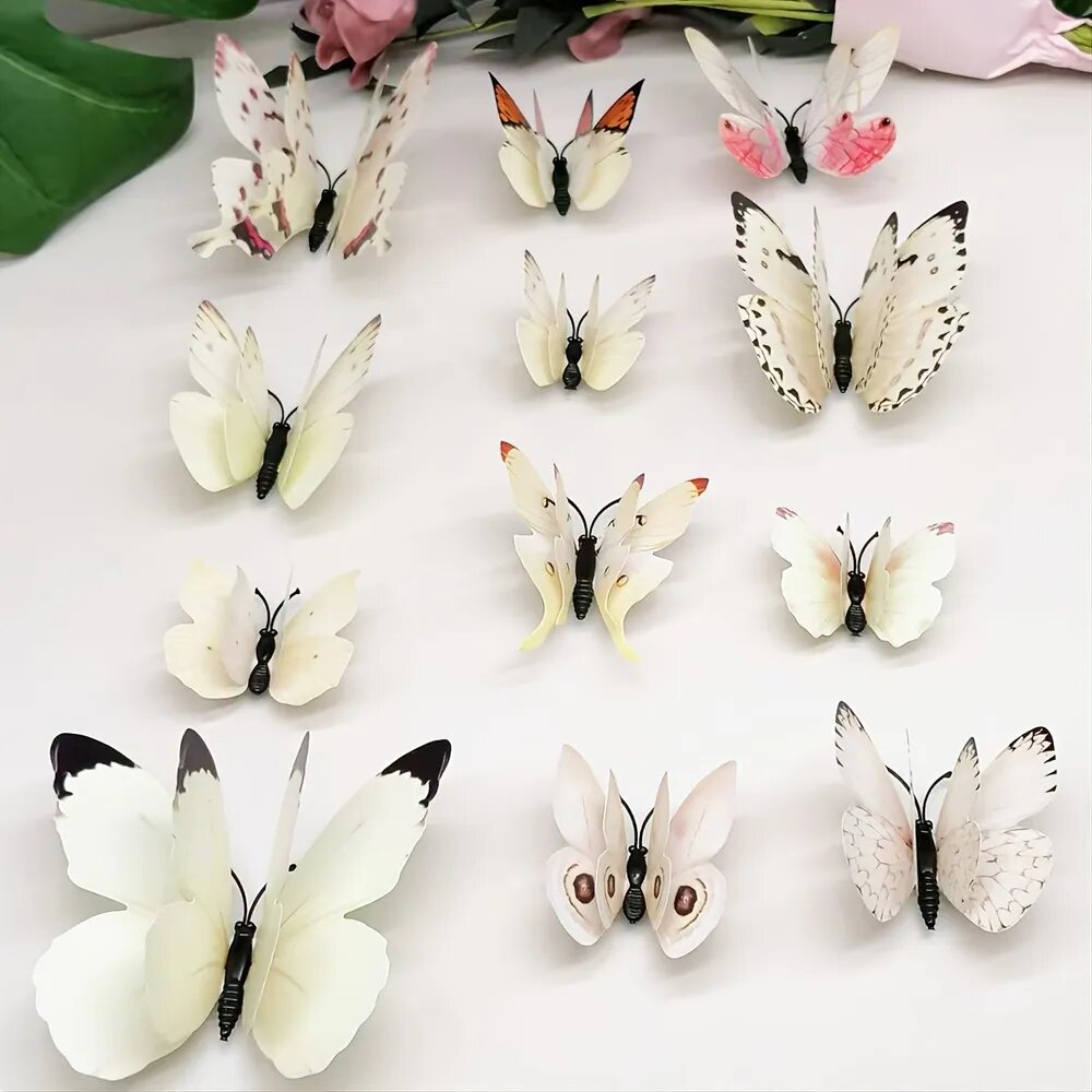 Декоративные 3D бабочки для стен с точечным клеем Набор из 12 шт ПВХ декор Съемный интерьерный стикер