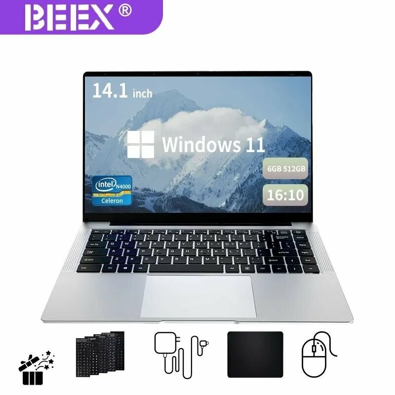 BEEX ноутбук, нетбук для работы и учебы Ноутбук 14.1", Intel Celeron N4000, RAM 8 ГБ, SSD 512 ГБ, Intel UHD Graphics 600, Windows Pro, серебристый, Русская раскладка