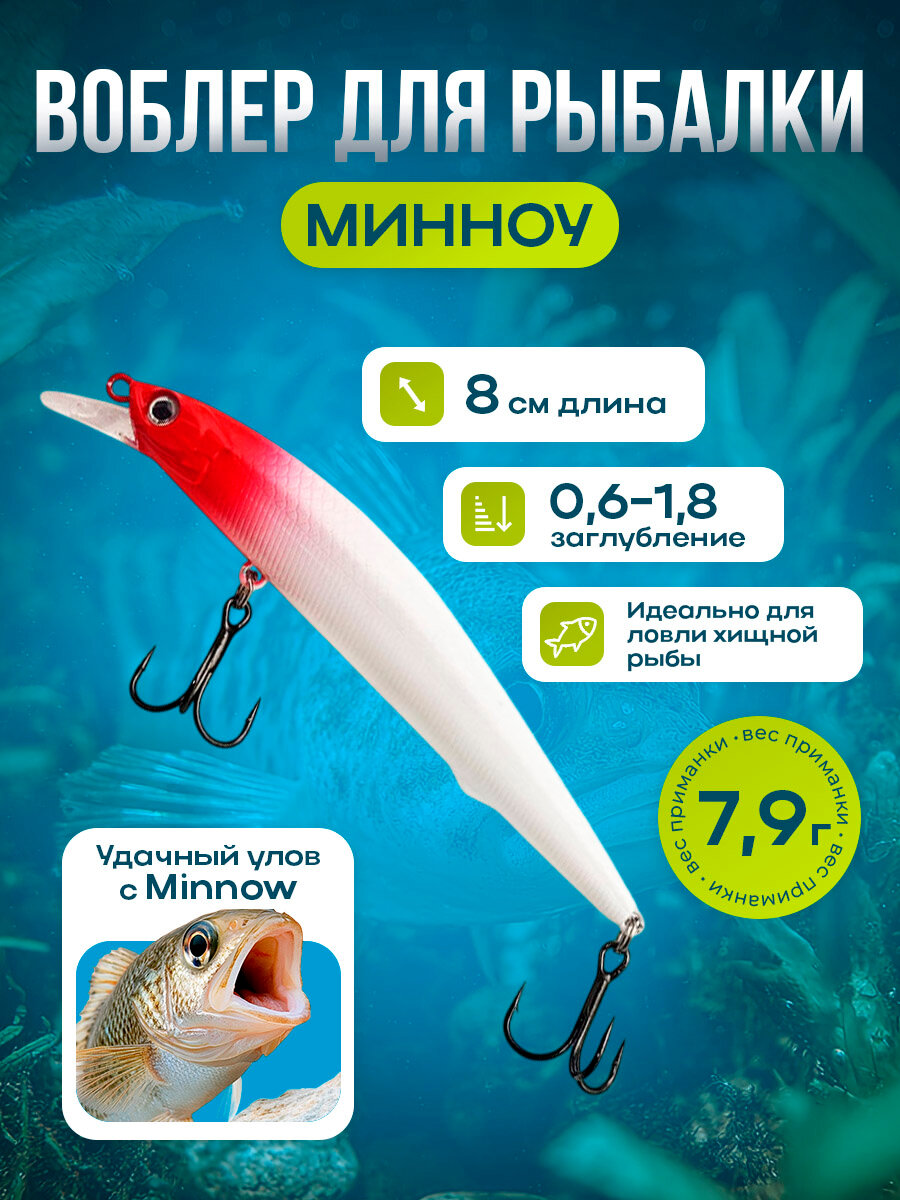 Воблер для рыбалки Minnow, 8 см/7.9 г, красно-белая