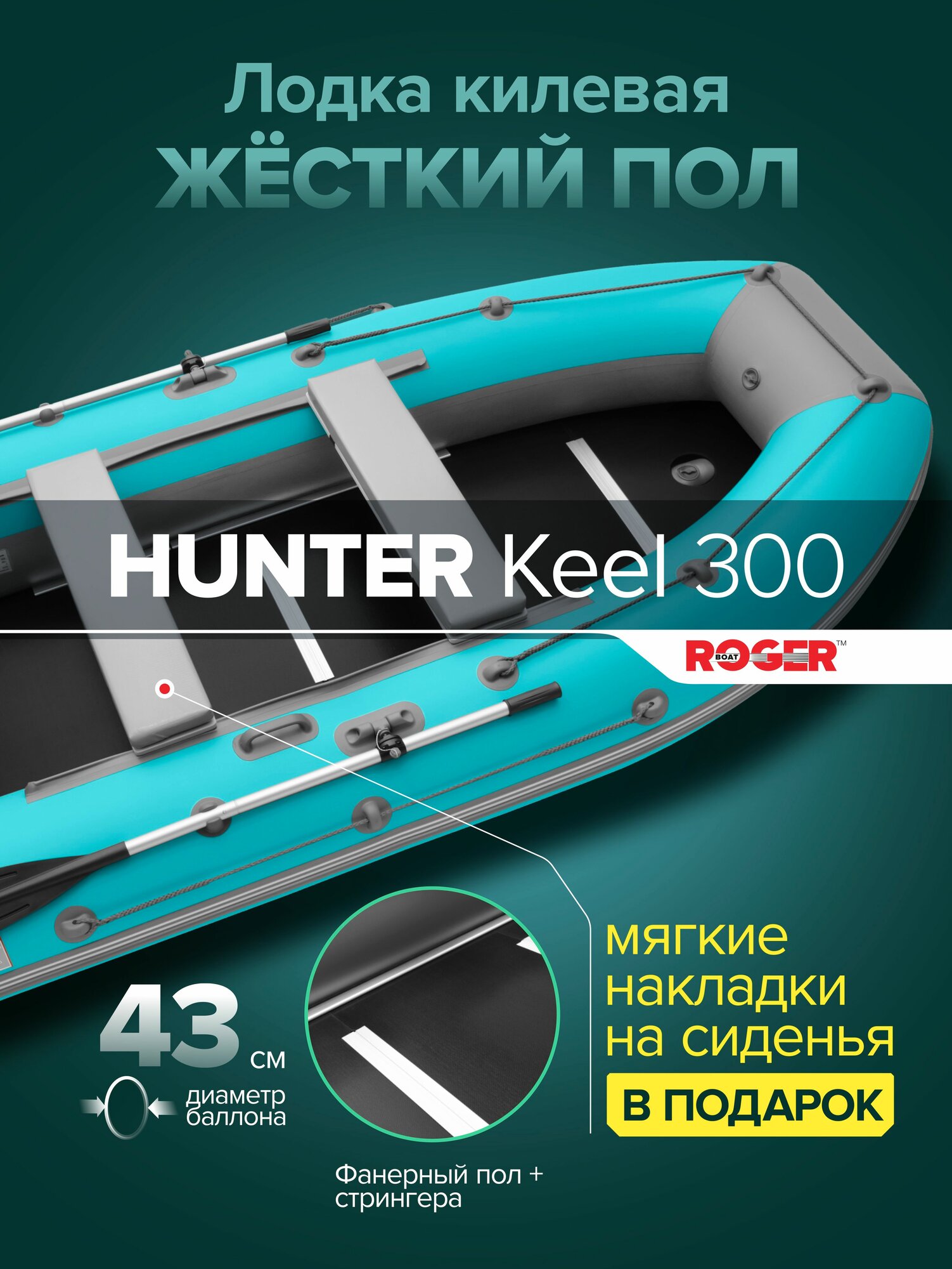 Лодка ПВХ под мотор ROGER Hunter Keel 300, надувная для рыбалки с жестким дном (бирюзовый-серый)