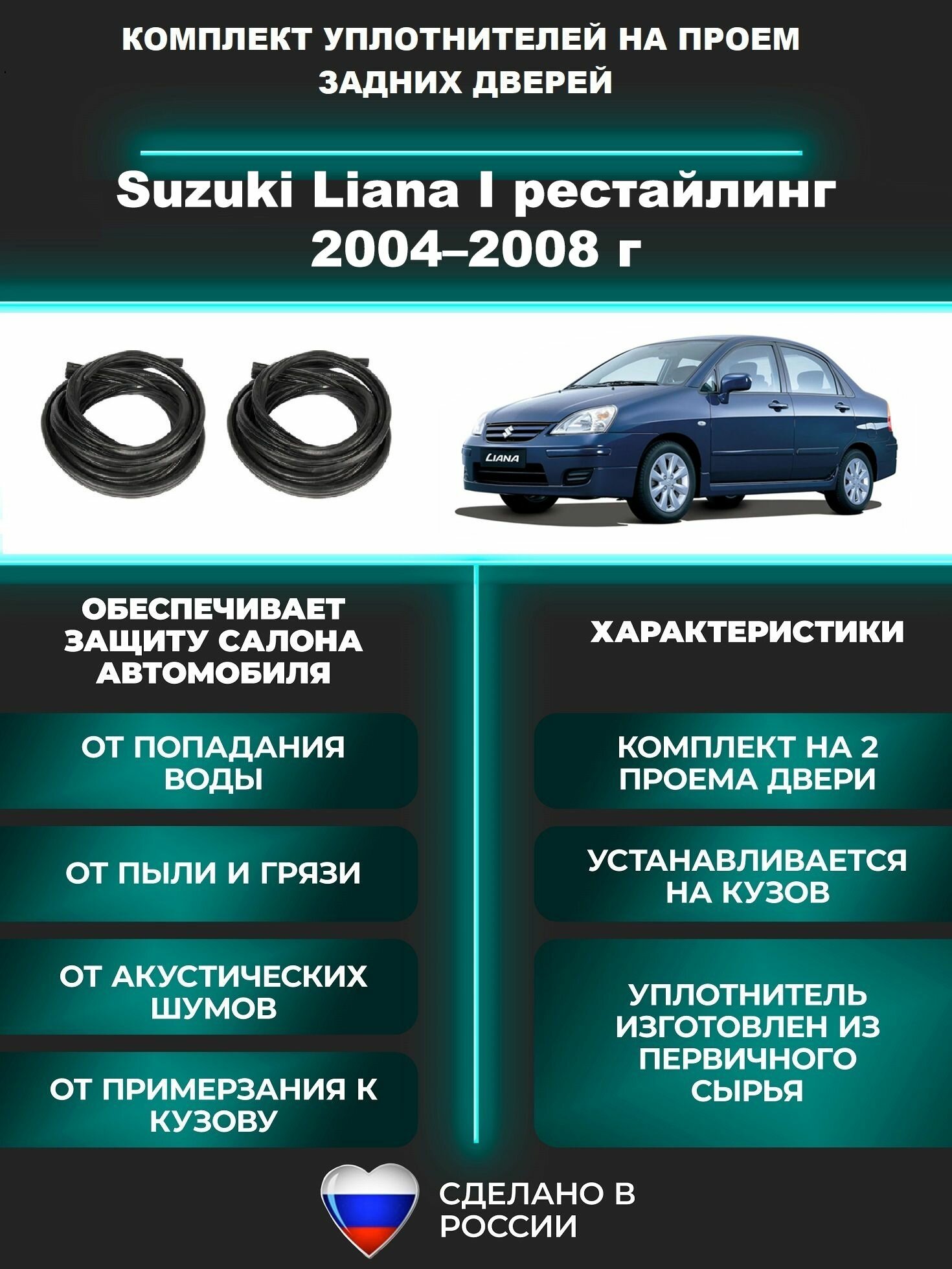 Комплект уплотнителей проема задних дверей для Suzuki Liana I рестайлинг 2004-2008 г, Сузуки Лиана - 2 штуки