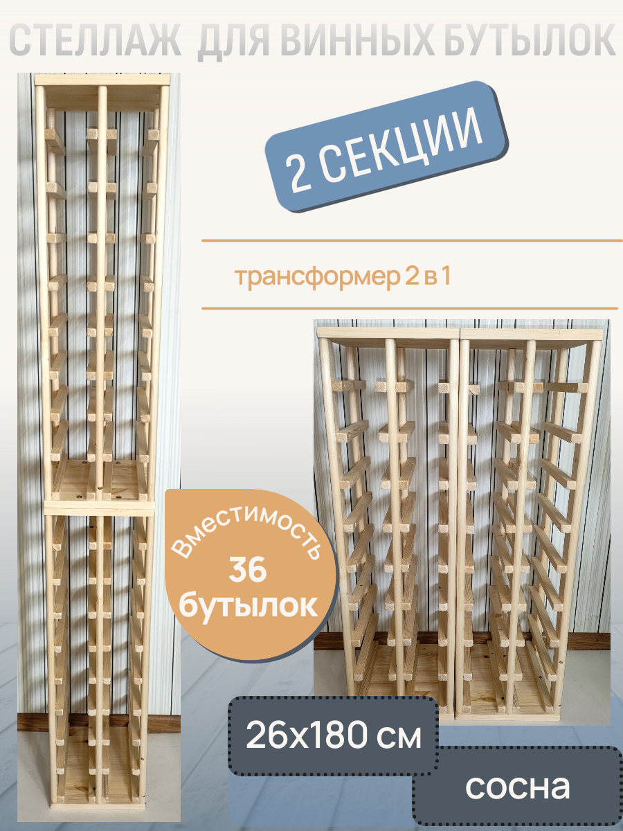 Стеллаж винный RackForWine узкий двурядный двухсекционный на 36 бутылок цвет сосна (под покраску)