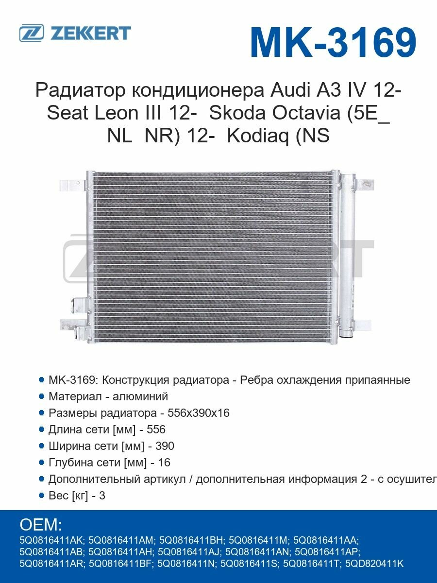 Zekkert Радиатор кондиционера Audi A3 IV с 2012 года Seat Leon III с 2012 года Skoda Octavia (5E_ NL NR) с 2012 года Kodiaq (NS