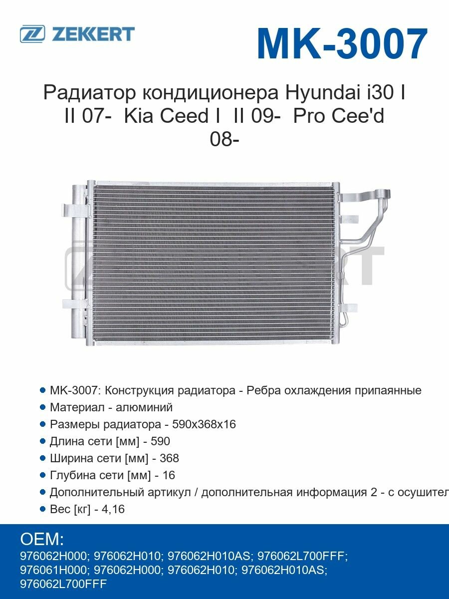 Zekkert Радиатор кондиционера Hyundai i30 I II с 2007 года Kia Ceed I II с 2009 года Pro Cee'd с 2008 года