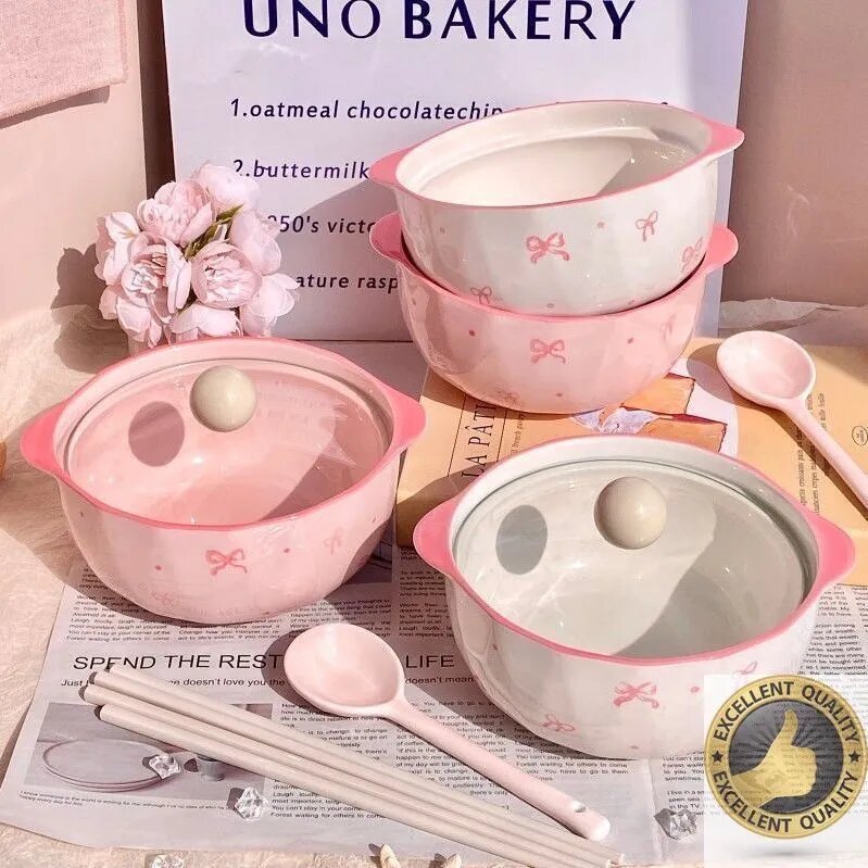 Супница, бульонница керамическая розовая с бантиками, диаметр 14.5 см, 3 шт