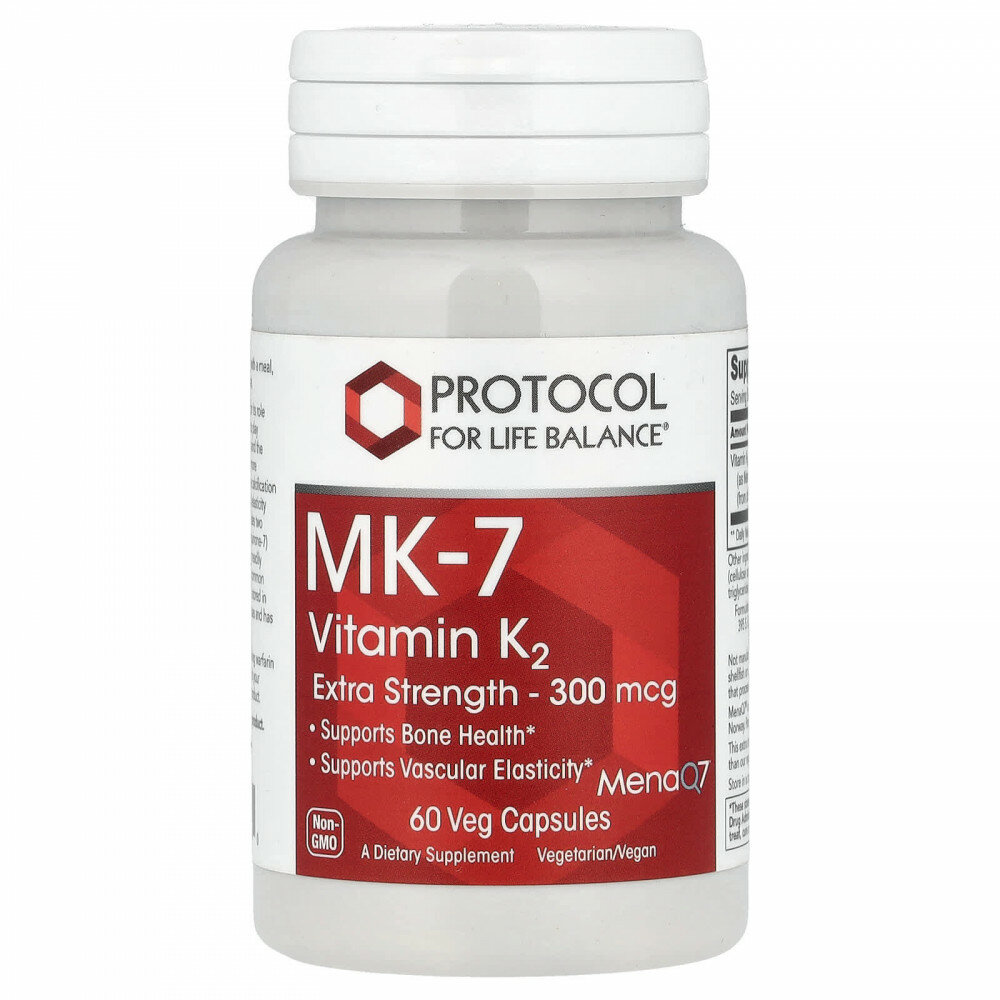 Protocol for Life Balance, MK-7, витамин K2, 300 мкг, 60 растительных капсул