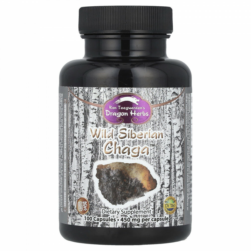 Dragon Herbs, дикая сибирская чага Chaga™, 450 мг, 100 капсул