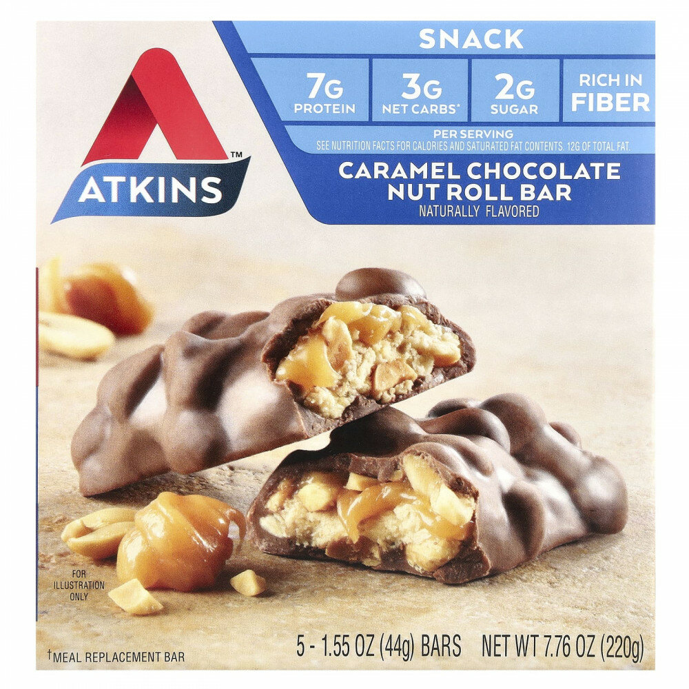Atkins, карамельный шоколадно-ореховый батончик, 5 шт. по 44 г (1,55 унции)