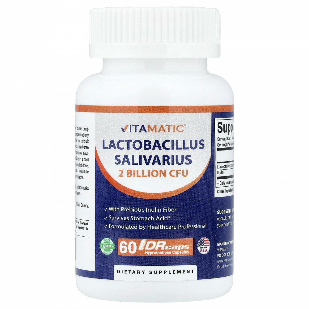 Vitamatic, лактобактерии саливариус (Lactobacillus salivarius), 2 млрд КОЕ, 60 капсул DRCaps®
