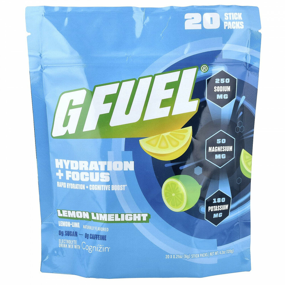 G FUEL, Hydration + Focus, смесь для приготовления электролитического напитка с Cognizin®, лимонный свет, 20 пакетиков по 6 г (0,21 унции)