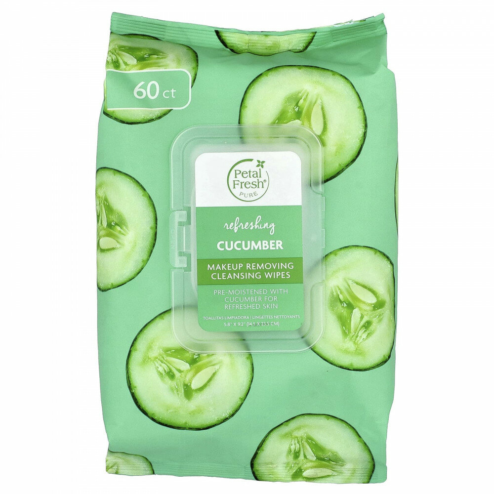 Petal Fresh, очищающие салфетки для снятия макияжа, освежающий огурец, 60 салфеток