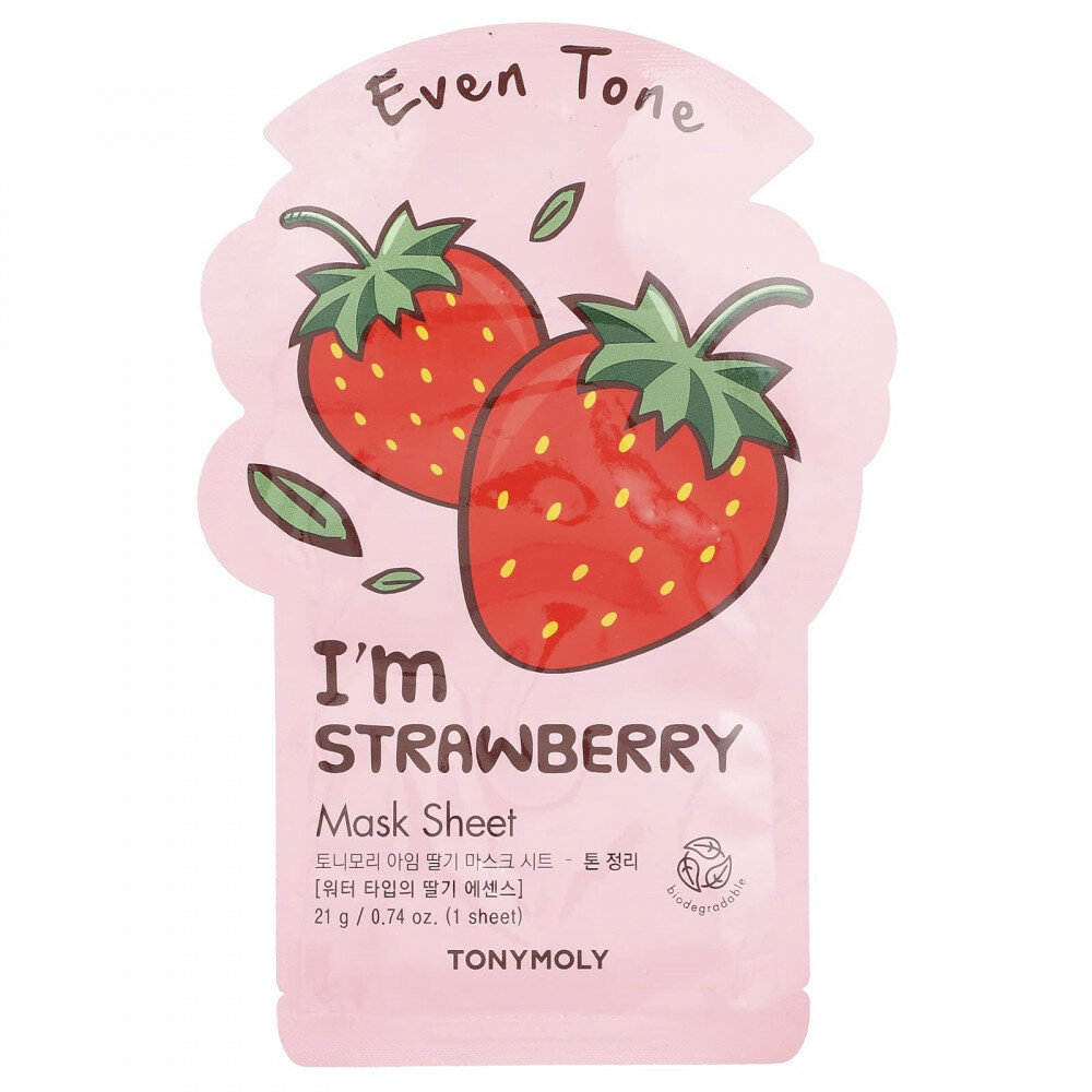 TonyMoly, I'm Strawberry, тканевая маска для выравнивания тона кожи, 1 шт, 21 г (0,74 унции)