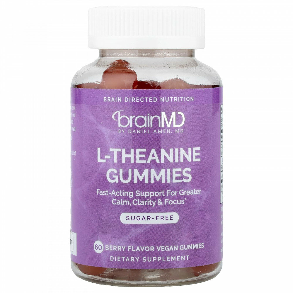 BrainMD, Жевательные мармеладки с L-теанином, ягодные, 60 веганских жевательных мармеладок (100 мг в 1 жевательной мармеладке)
