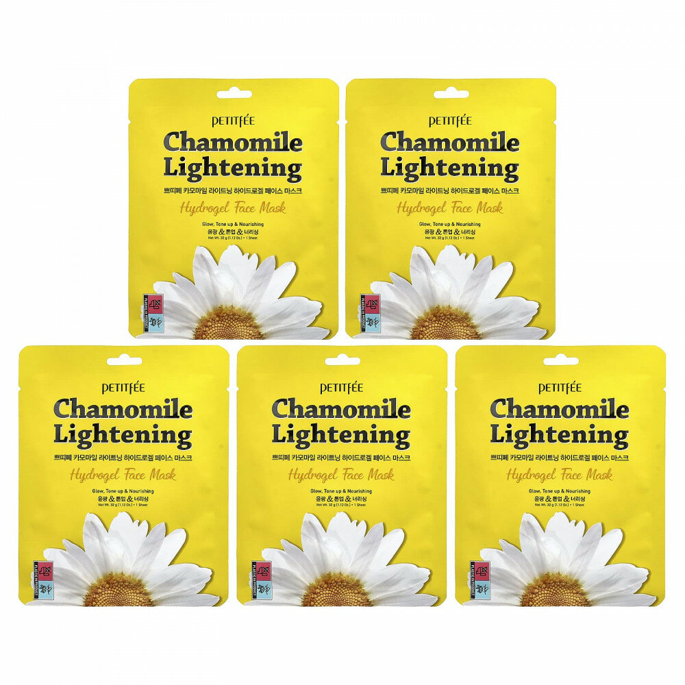 Petitfee, Chamomile Lightening, гидрогелевые маски для лица, 5 шт. по 32 г (1,12 унции)