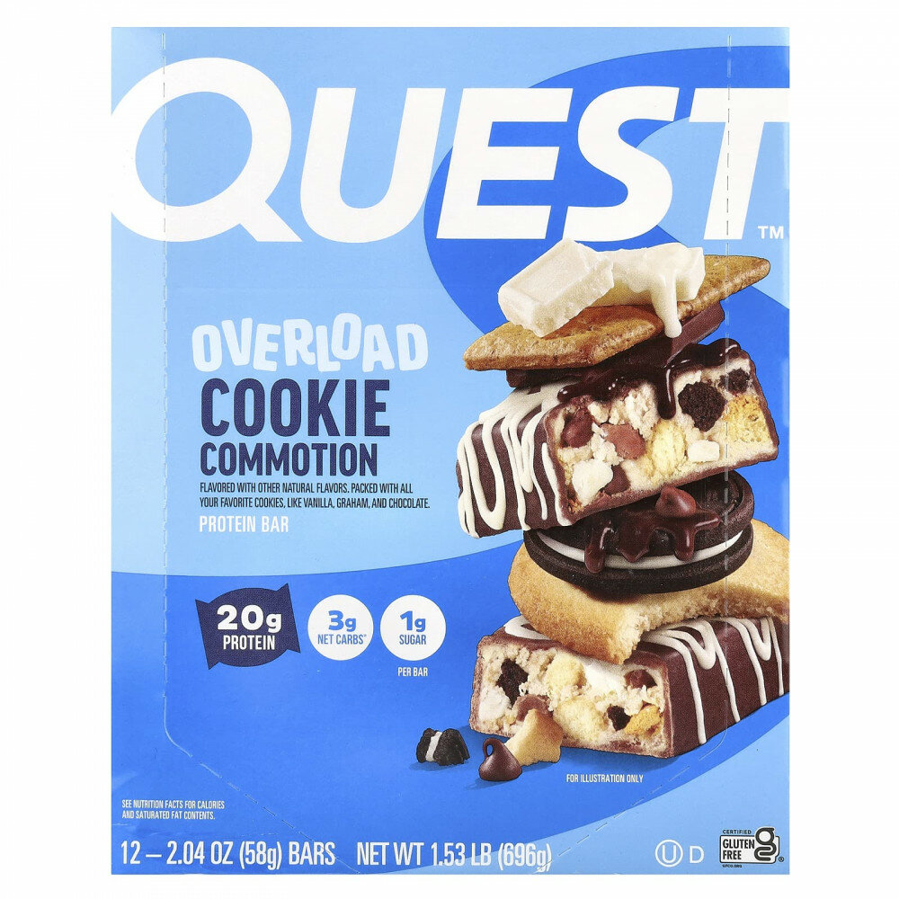 Quest Nutrition, Протеиновый батончик Overload, Cookie Commotion, 12 батончиков, 58 г (2,04 унции)