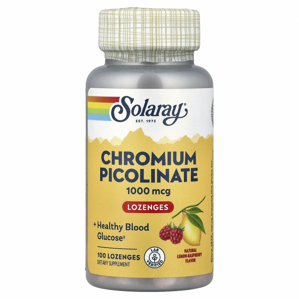 Solaray, пиколинат хрома, пастилки, натуральный лимонный вкус и малина, 1000 мкг, 100 пастилок