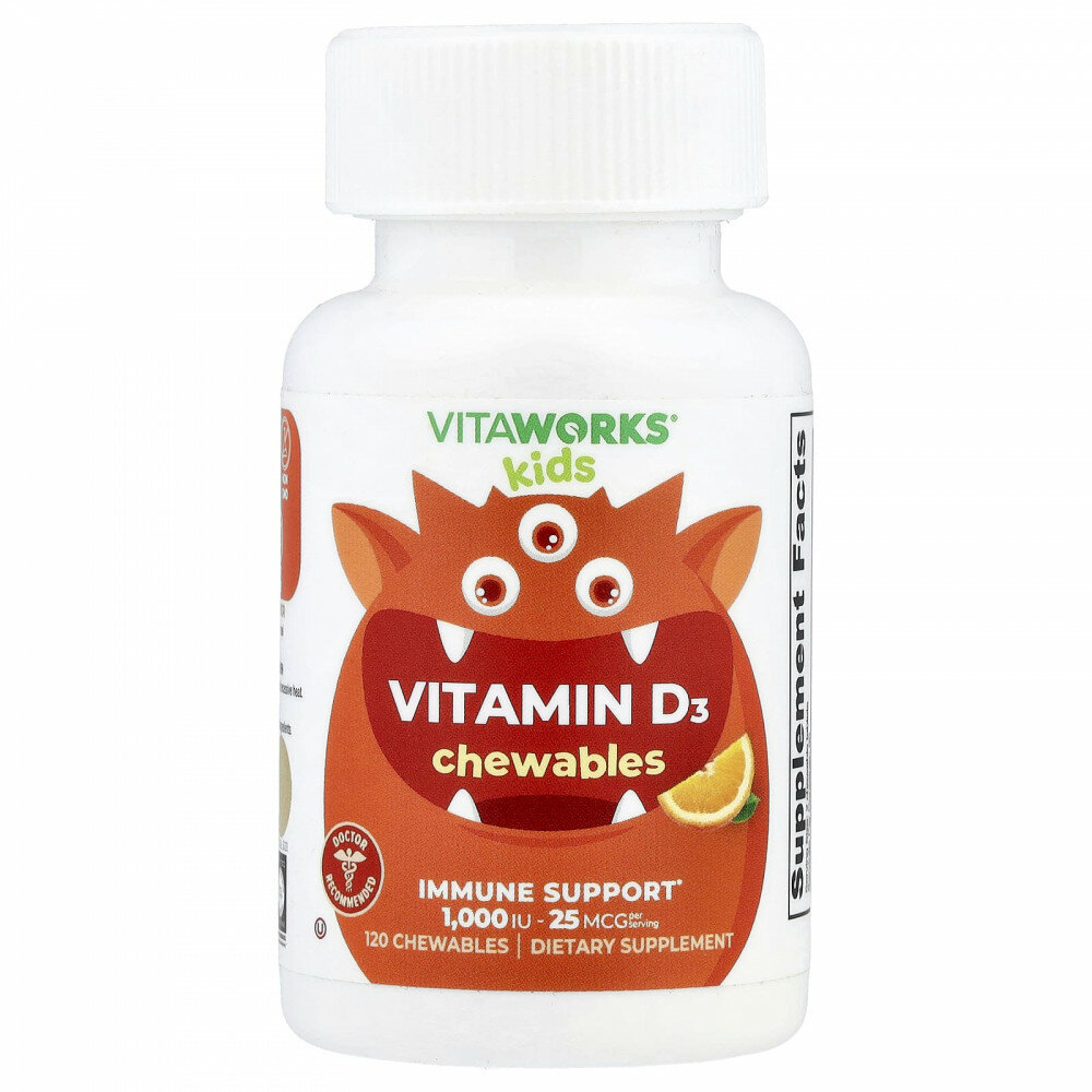 VitaWorks, витамин D3 для детей, апельсин, 120 жевательных таблеток