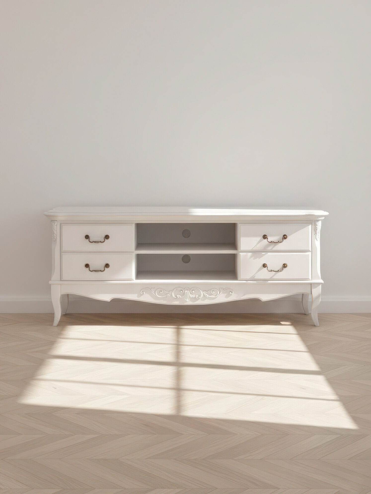 Тумба под телевизор Ля Нэж "White Wood", стиль Прованс, белый, деревянный, 4 ящика, 146x60x48 см