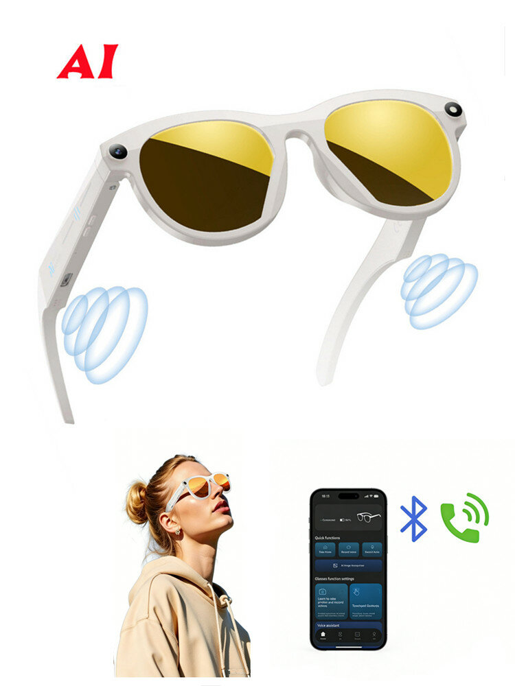 AI Умные очки с камерой 2МП, голосовым помощником, переводом 11 языков, Bluetooth 5.4 и музыкой, 290mAh, 45г
