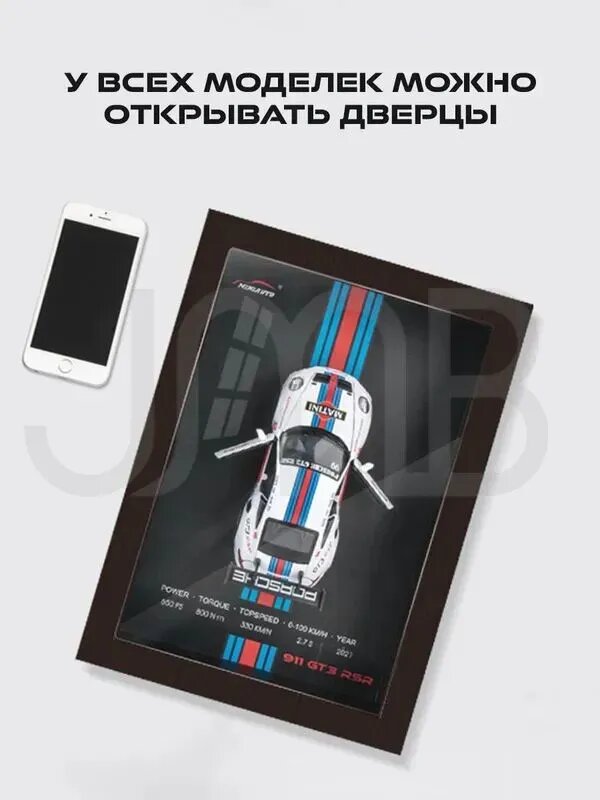 Масштабная металлическая модель машины Porsche 911 GT3 RSR в рамке для декора, 1:24, белый с красным — фото 1