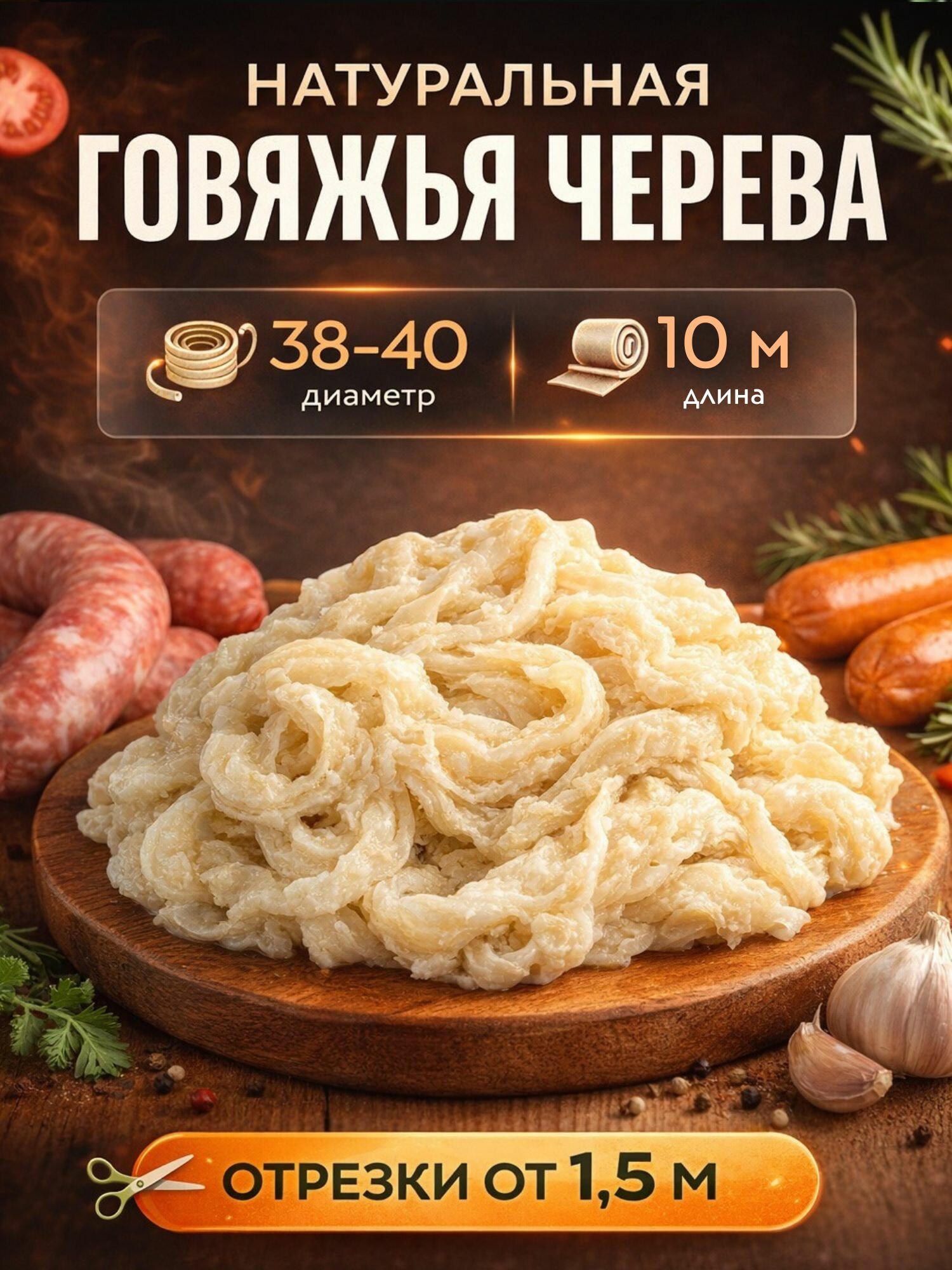 Оболочка для колбасы натуральная говяжья, 38/40 мм, длина 10 м (черева), отрезки от 1.5м
