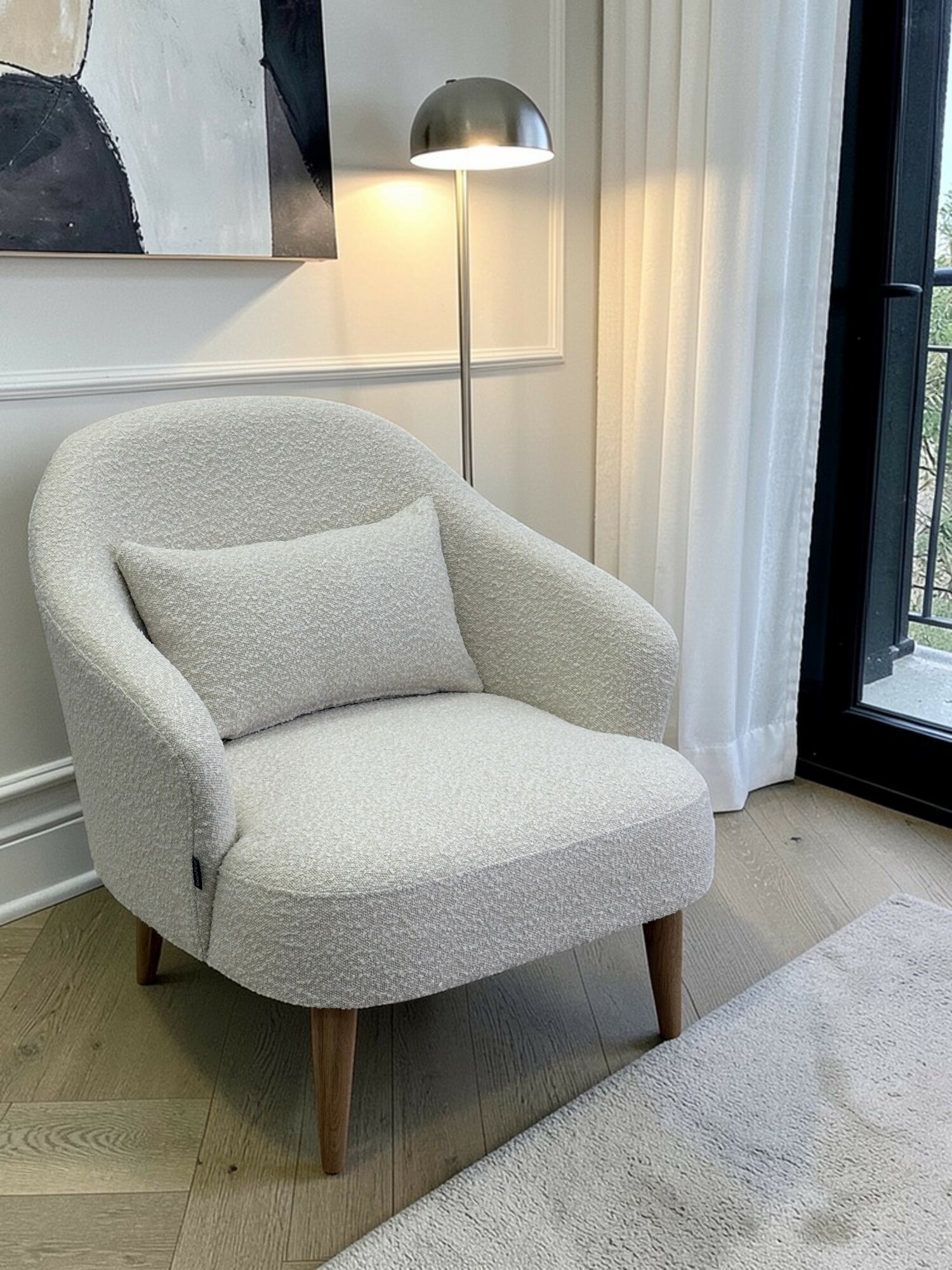 Кресло Bonfico "Унно", белое, букле, для дома и отдыха, опоры массив дуба