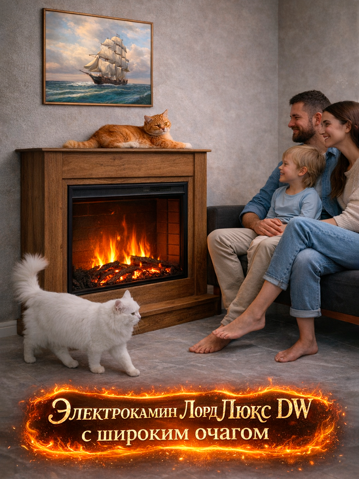 Электрокамин FLAMEKAMIN Лорд Люкс DW с очагом Sparta 25.5 LED, пульт ДУ, имитация пламени, звуковой эффект, обогрев