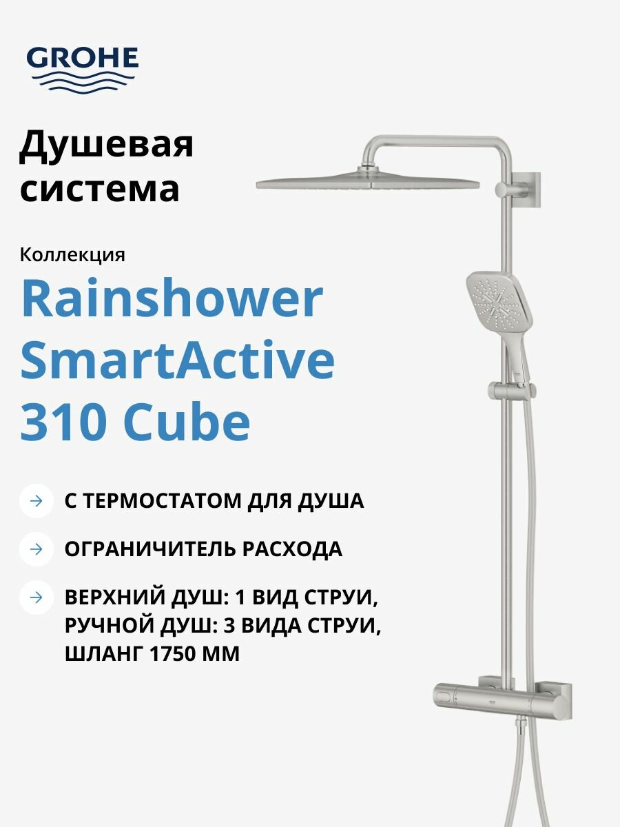 Душевая система с термостатом GROHE Rainshower SmartActive 310, супер сталь, (26837DC0)